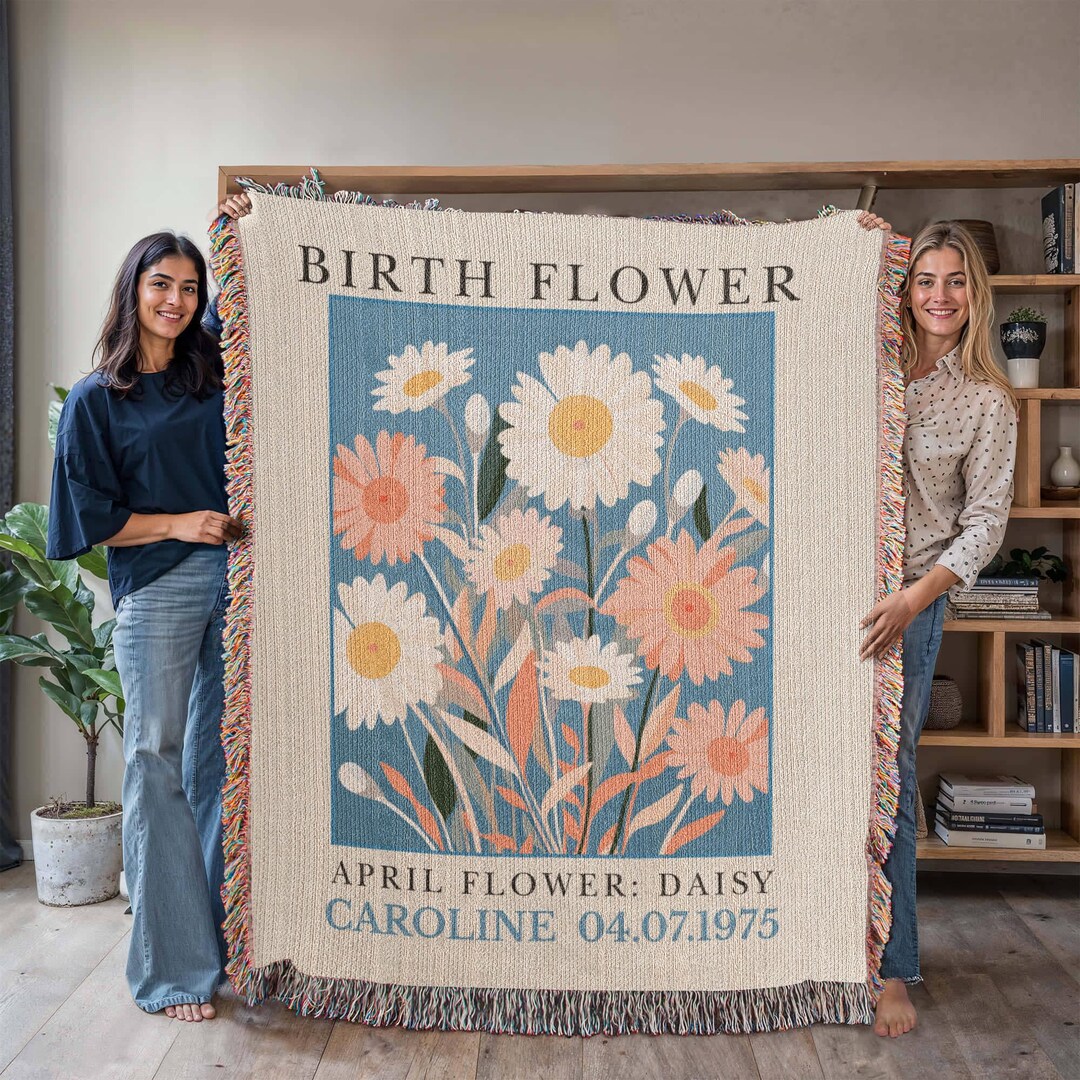 Personalized April Birth Flower Market Woven Blanket, Custom Name Daisy ...