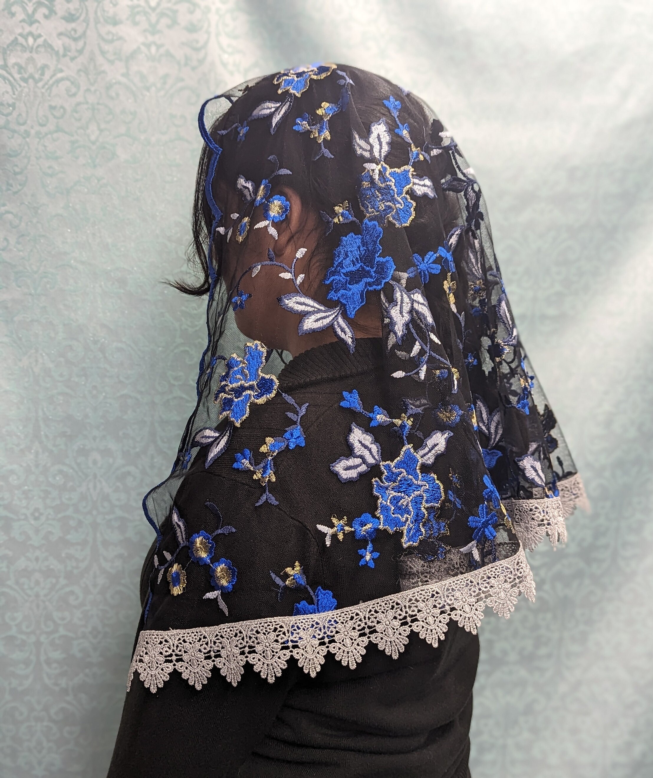 Black and Blue Floral D Shape Veil/ Prayer Mantilla Veil/ Mass Veil - Etsy