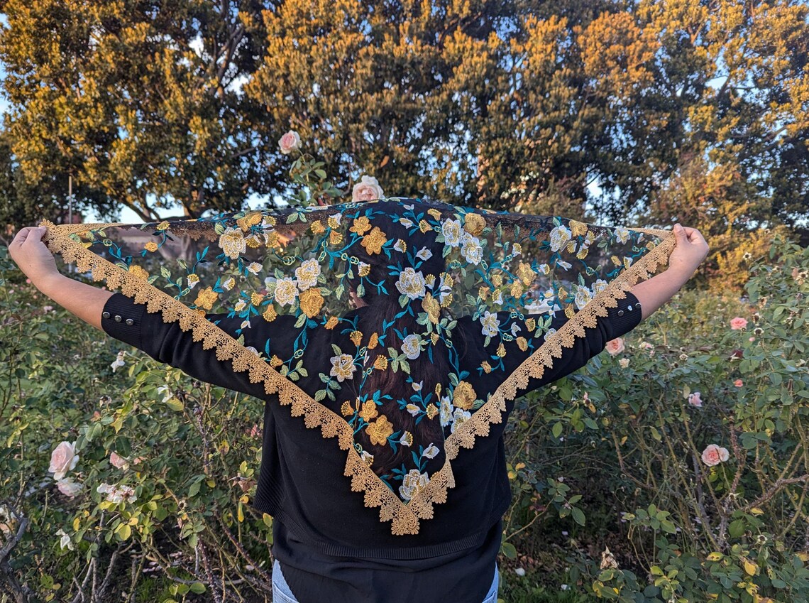 Black and Yellow Floral Triangle Veil/ Prayer Mantilla Veil/ Mass Veil ...