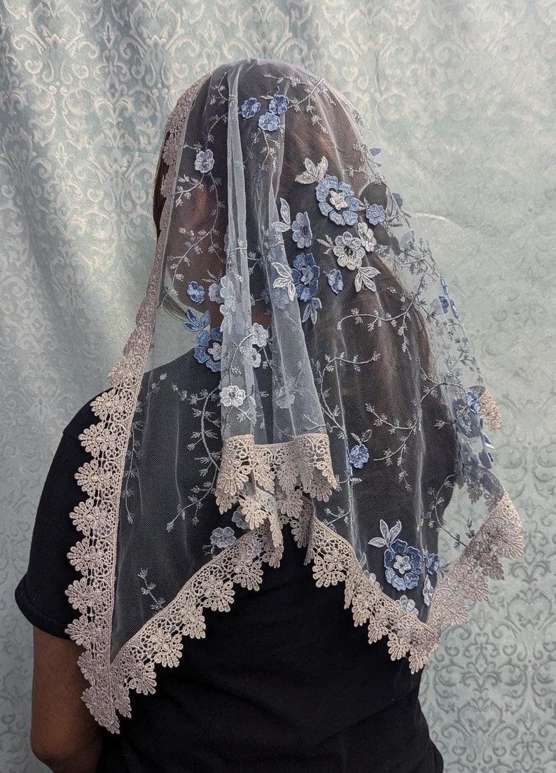 Dusty Blue With Silver Trim Veil Triangle Veil/ Prayer Veil/ Our Lady ...