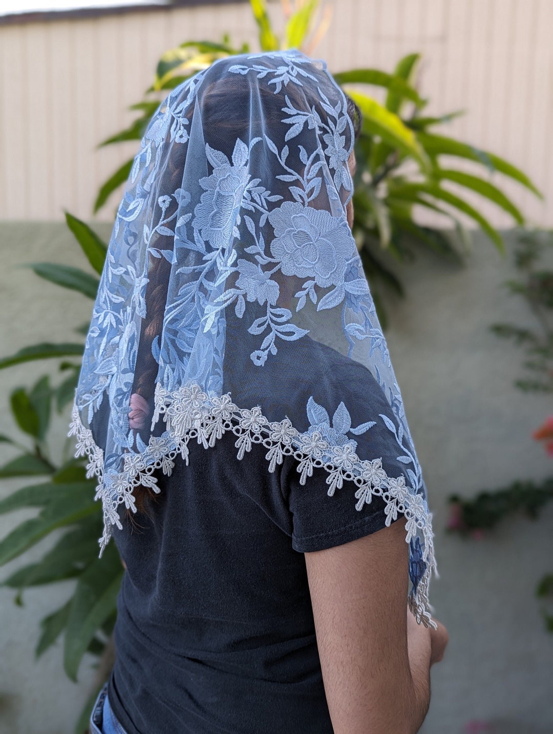 Light Blue With off White Trim Veil - Triangle Veil/ Prayer Mantilla ...