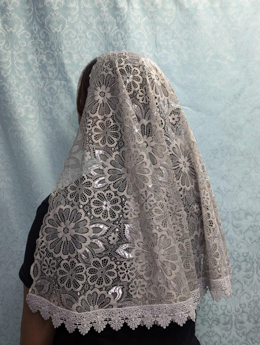 Gray With Silver Trim Veil- D Shape/ Prayer Veil/ Mass Veil/ Our Lady ...