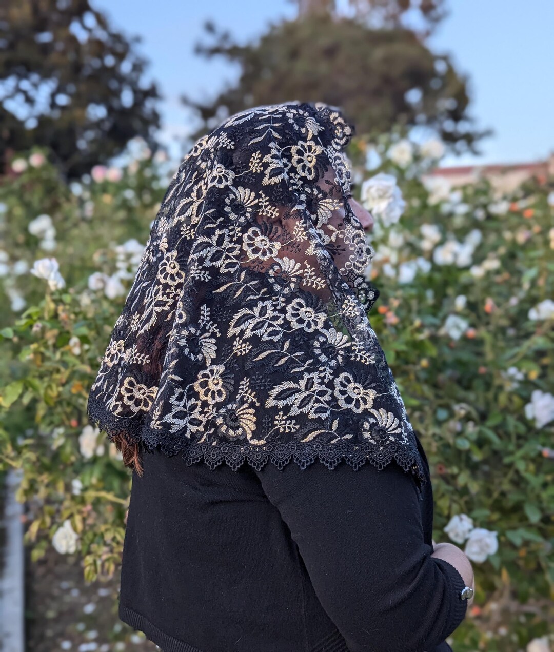 Black and Gold Veil - D Shape Veil/ Prayer Veil/ Catholic Veil/ Our ...