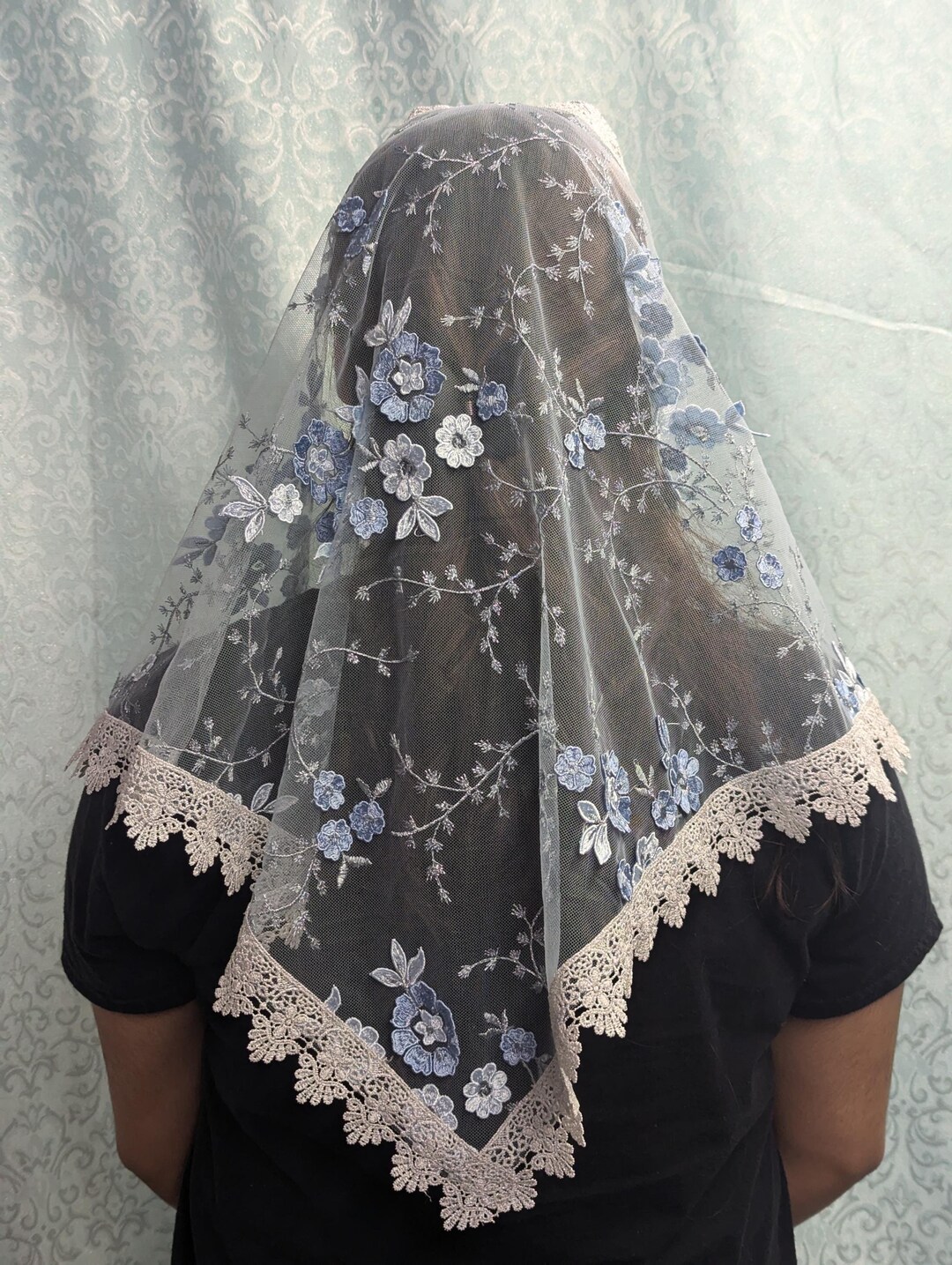 Dusty Blue With Silver Trim Veil - Triangle Veil/ Prayer Veil/ Our Lady ...
