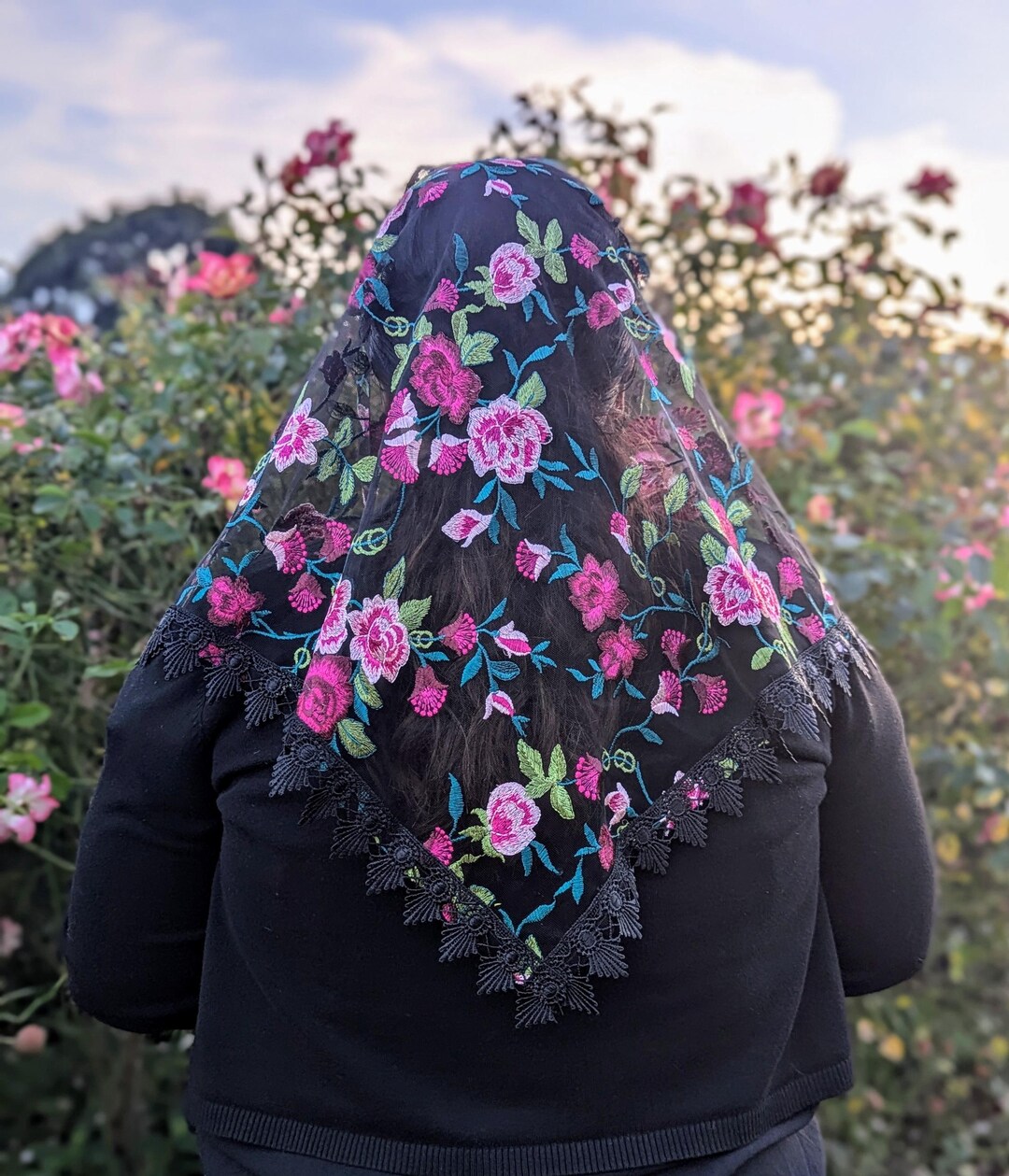 Our Lady of Guadalupe Collection/ Black Floral Triangle Veil/ Prayer ...