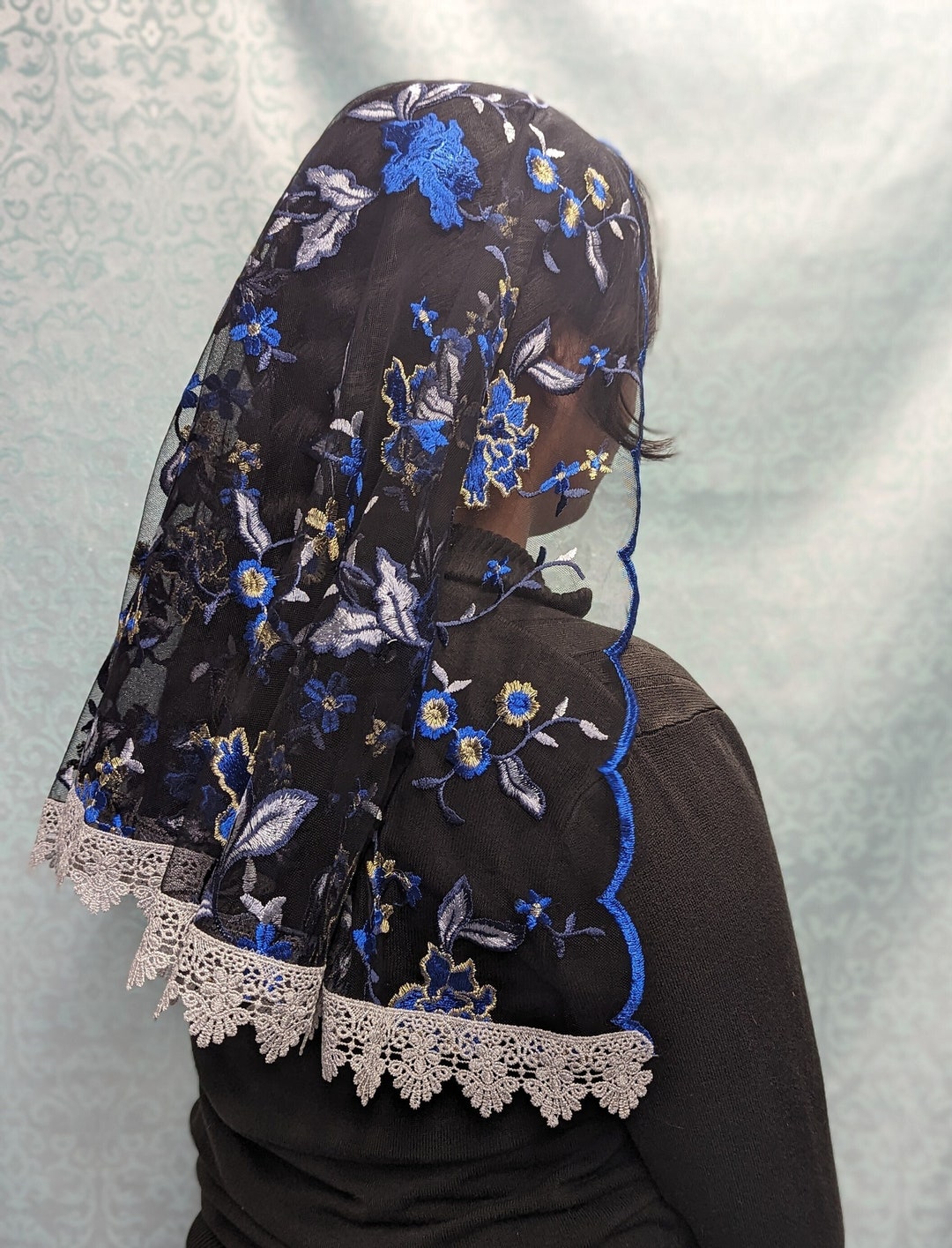 Black and Blue Floral D Shape Veil/ Prayer Mantilla Veil/ Mass Veil - Etsy