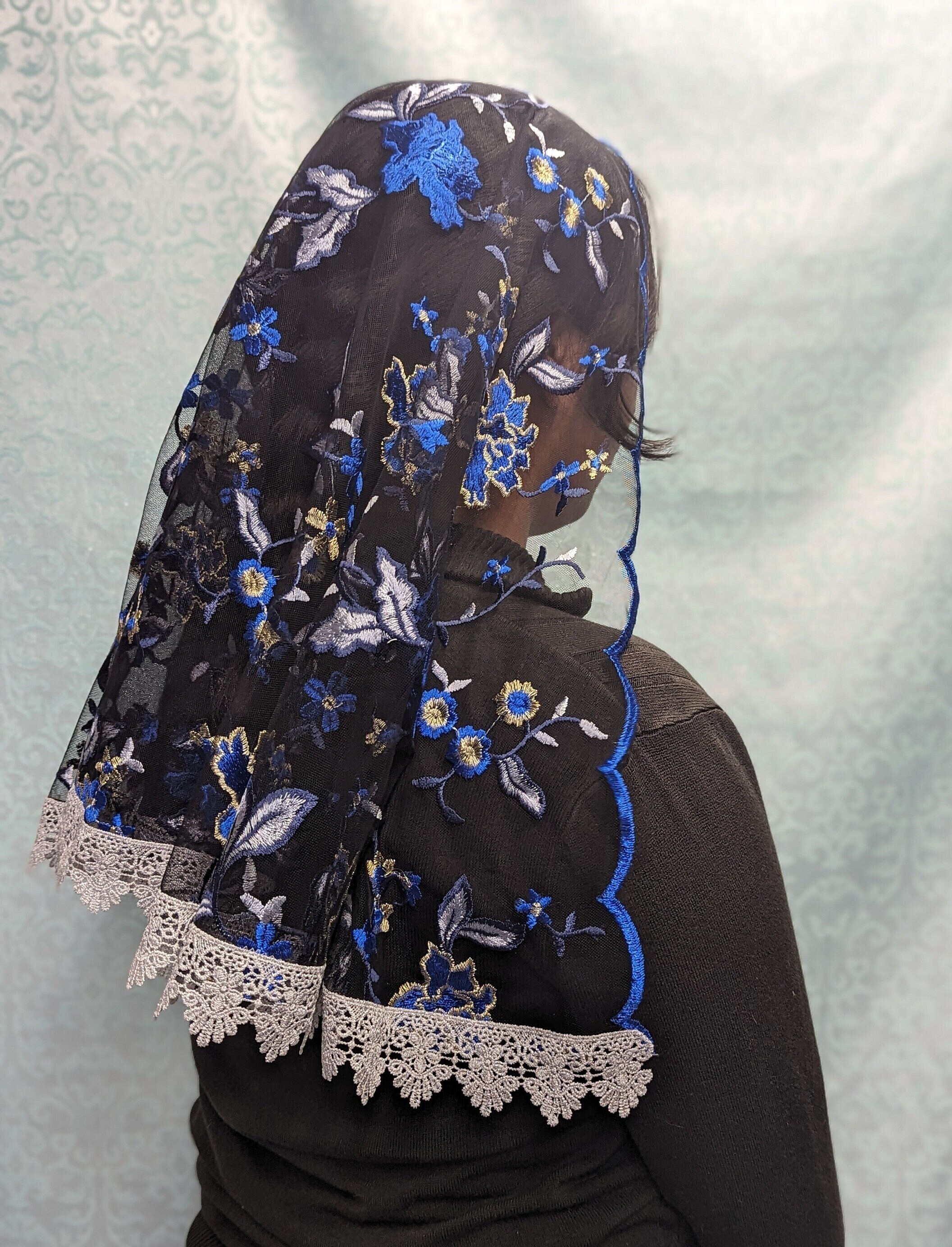 Black and Blue Floral D Shape Veil/ Prayer Mantilla Veil/ Mass Veil - Etsy