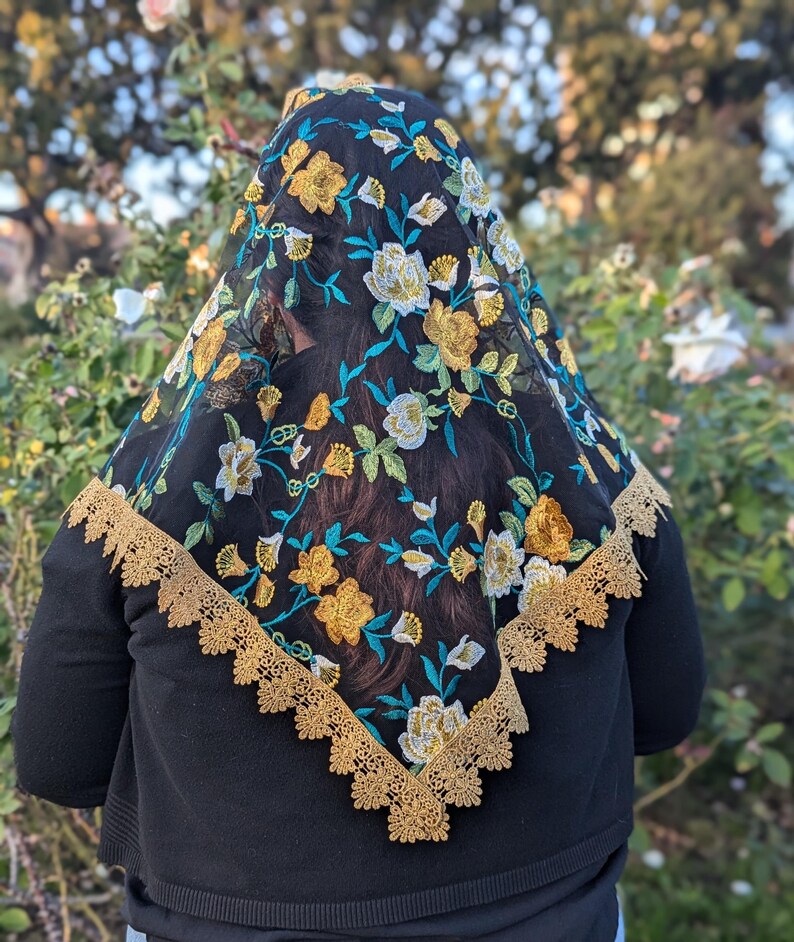 Black and Yellow Floral Triangle Veil/ Prayer Mantilla Veil/ Mass Veil ...