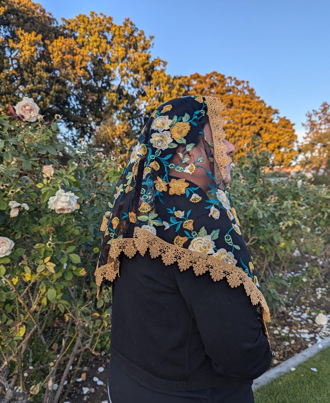 Black and Yellow Floral Triangle Veil/ Prayer Mantilla Veil/ Mass Veil ...