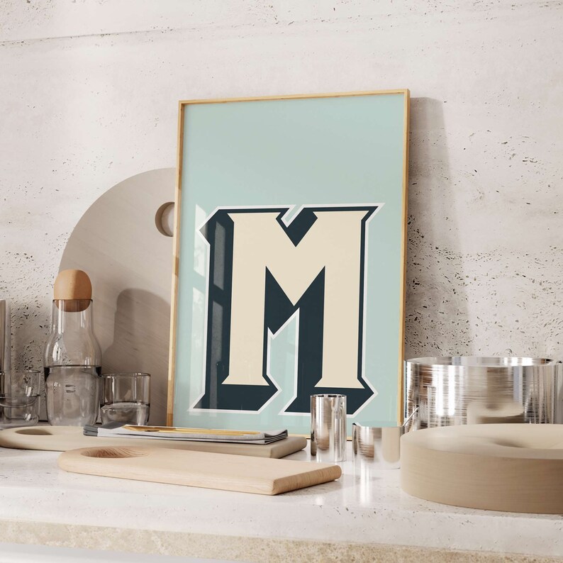 Vintage Letter M Light Blue Poster for Home Print Typography - Etsy