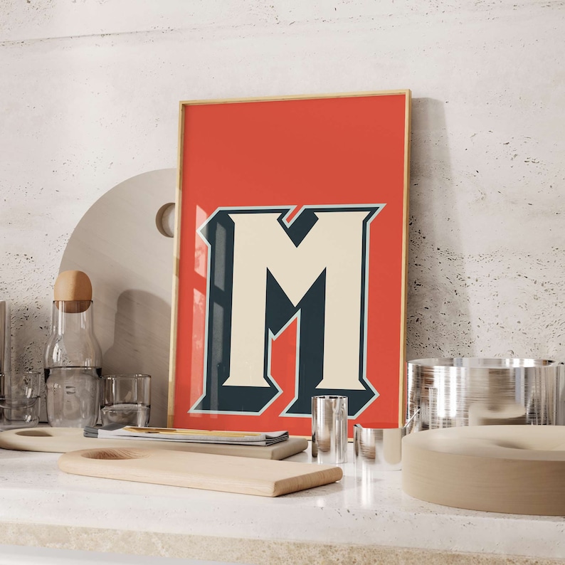 Vintage Letter M Red Poster for Home Print Typography Wall Art Vintage ...