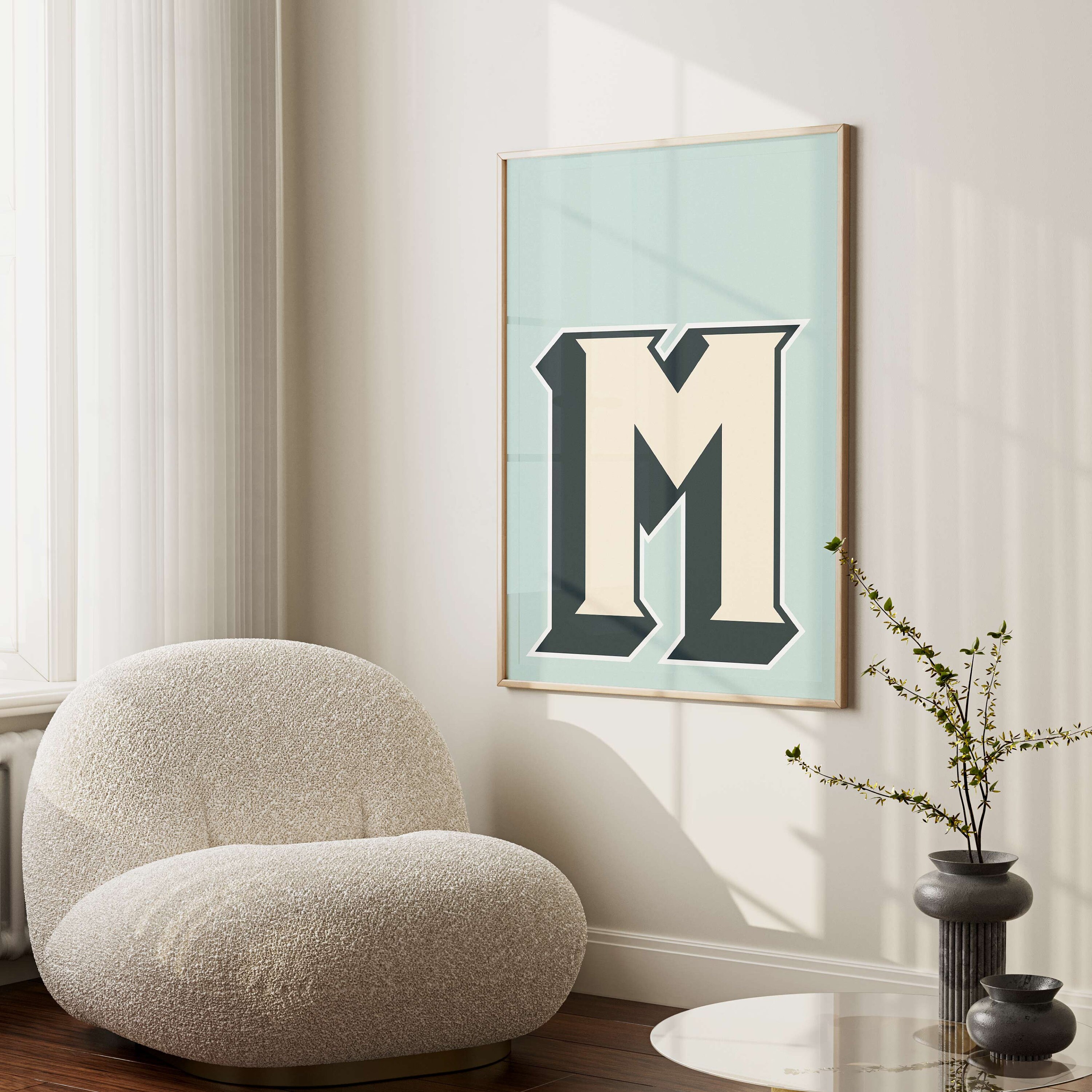 Vintage Letter M Light Blue Poster for Home Print Typography Wall Art ...
