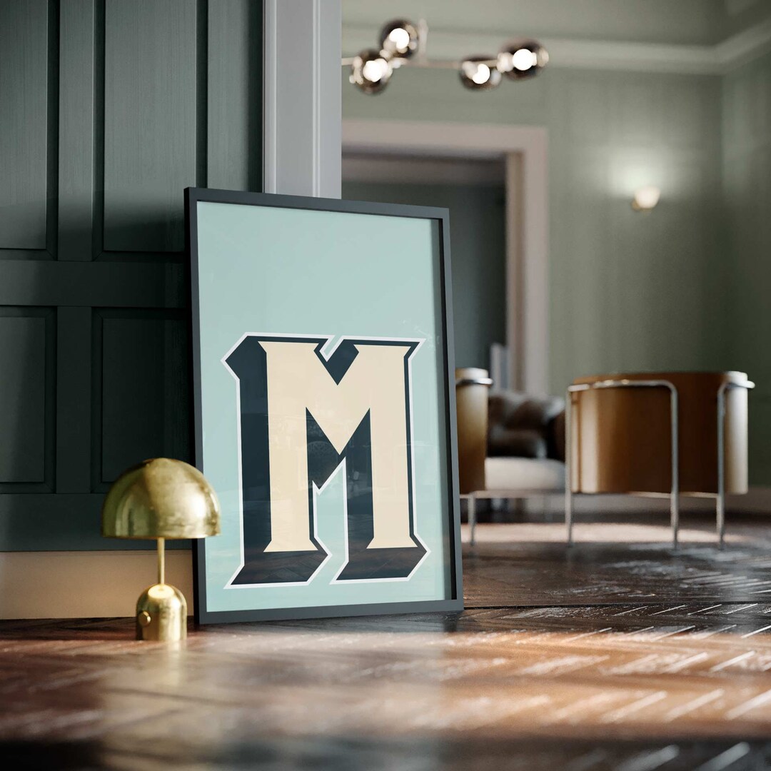 Vintage Letter M Light Blue Poster for Home Print Typography Wall Art ...