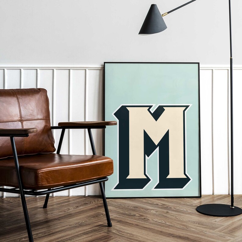 Vintage Letter M Light Blue Poster for Home Print Typography Wall Art ...