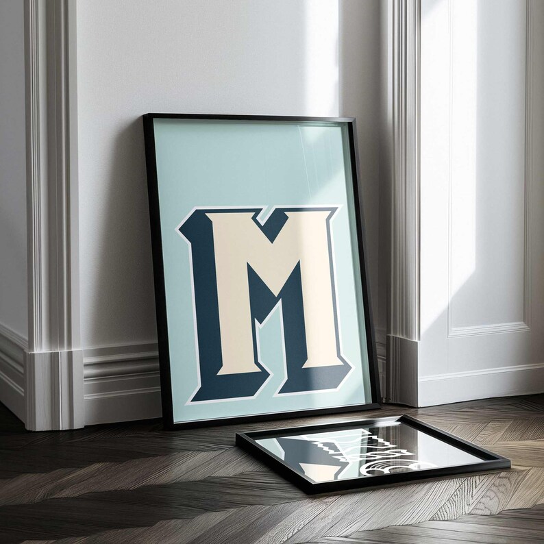 Vintage Letter M Light Blue Poster for Home Print Typography Wall Art ...