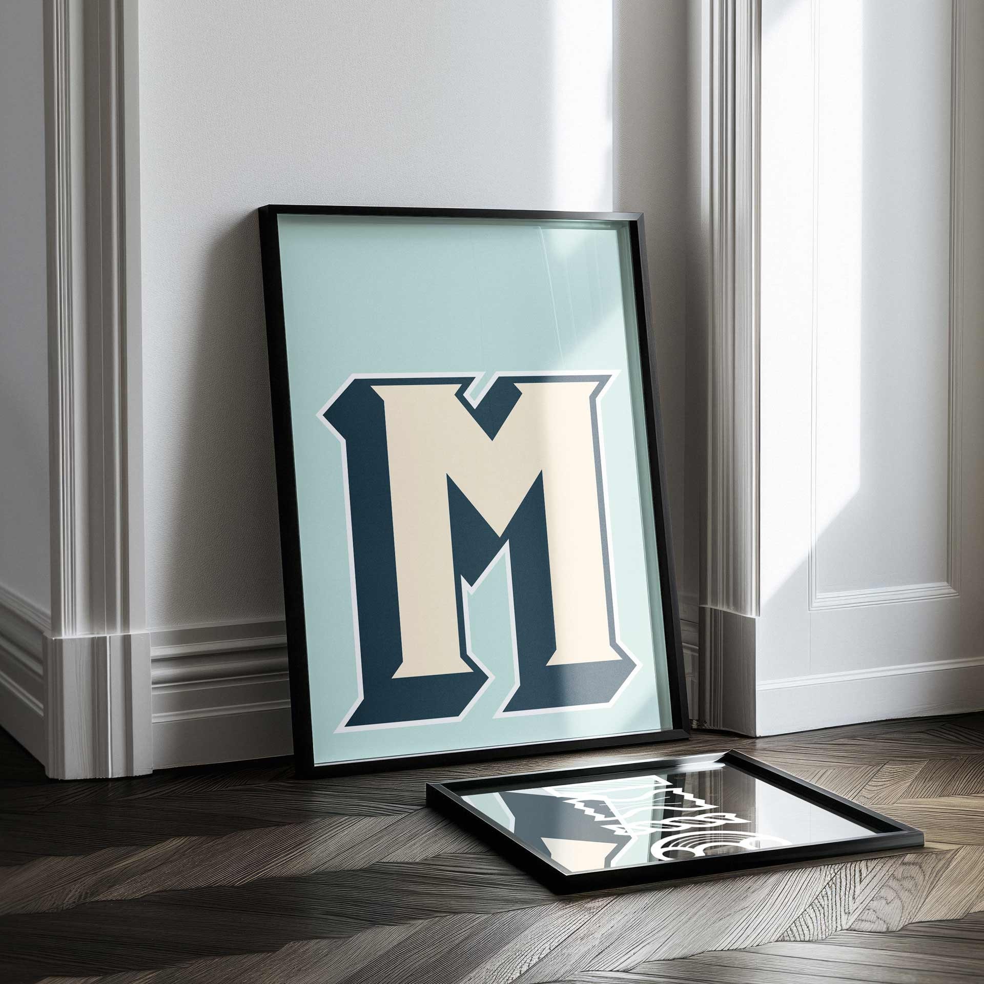 Vintage Letter M Light Blue Poster for Home Print Typography Wall Art ...
