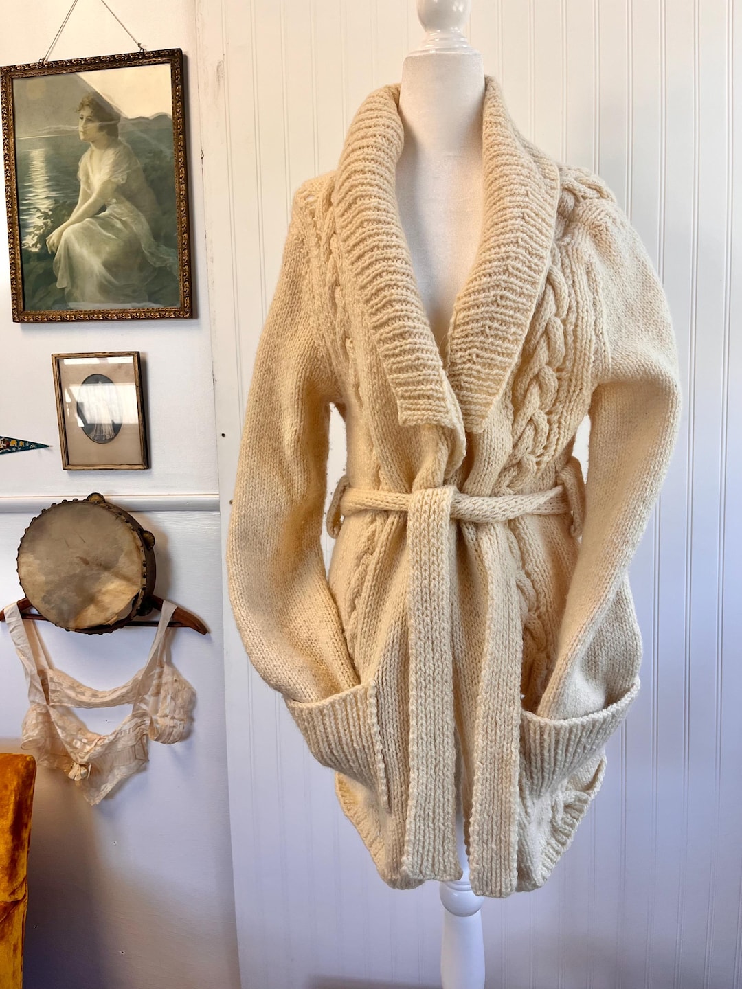 Vintage 70's Cable Knit Belted Wool Sweater - Etsy