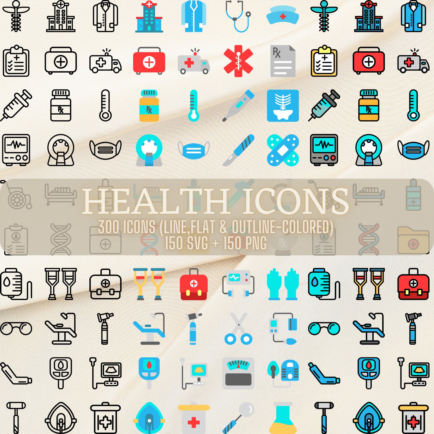 300 Health Icons Bundle, Health Icon Set, Icons in Line , Flat and ...