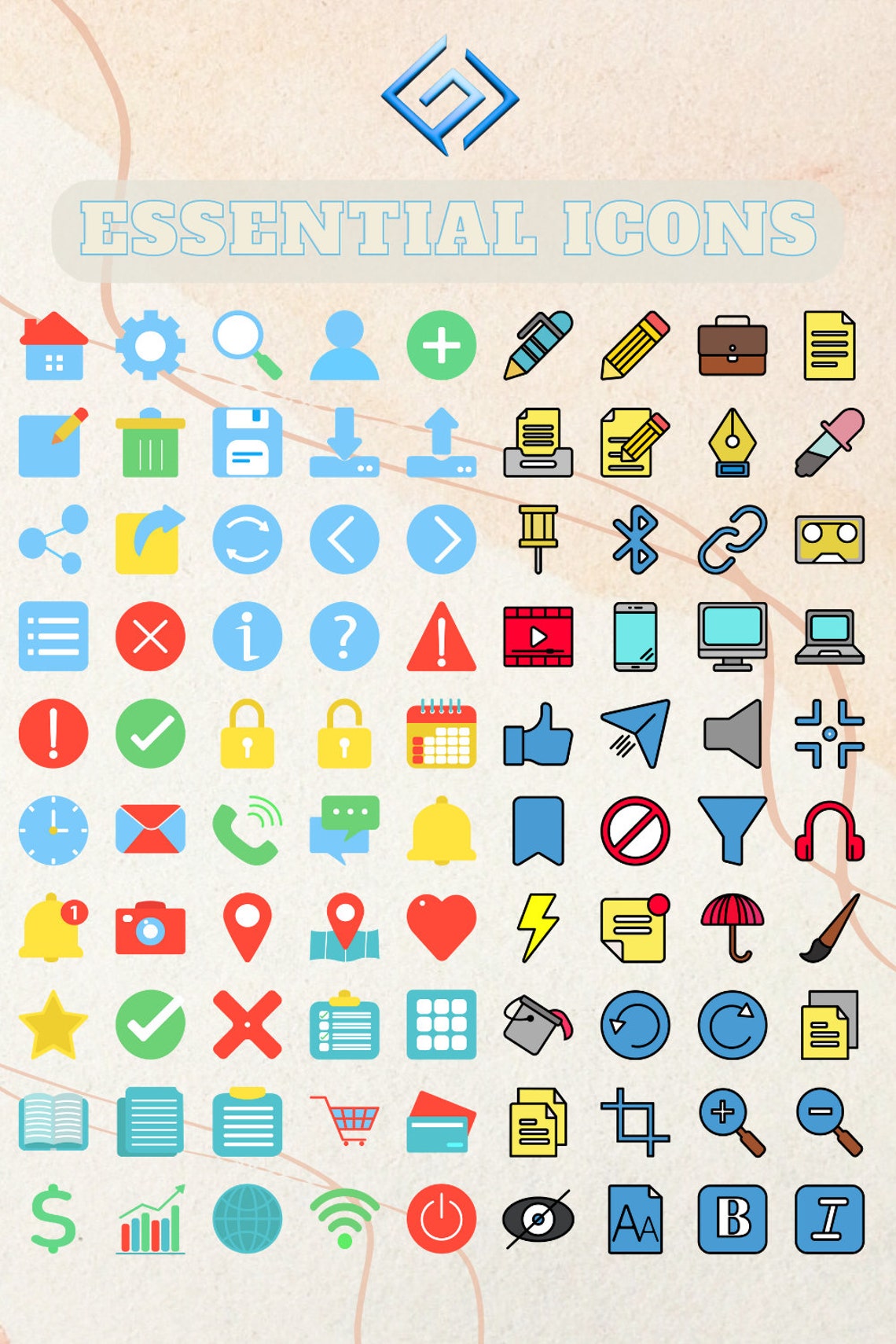 Essential Icons Flat Style Outline-colored Style Icons - Etsy