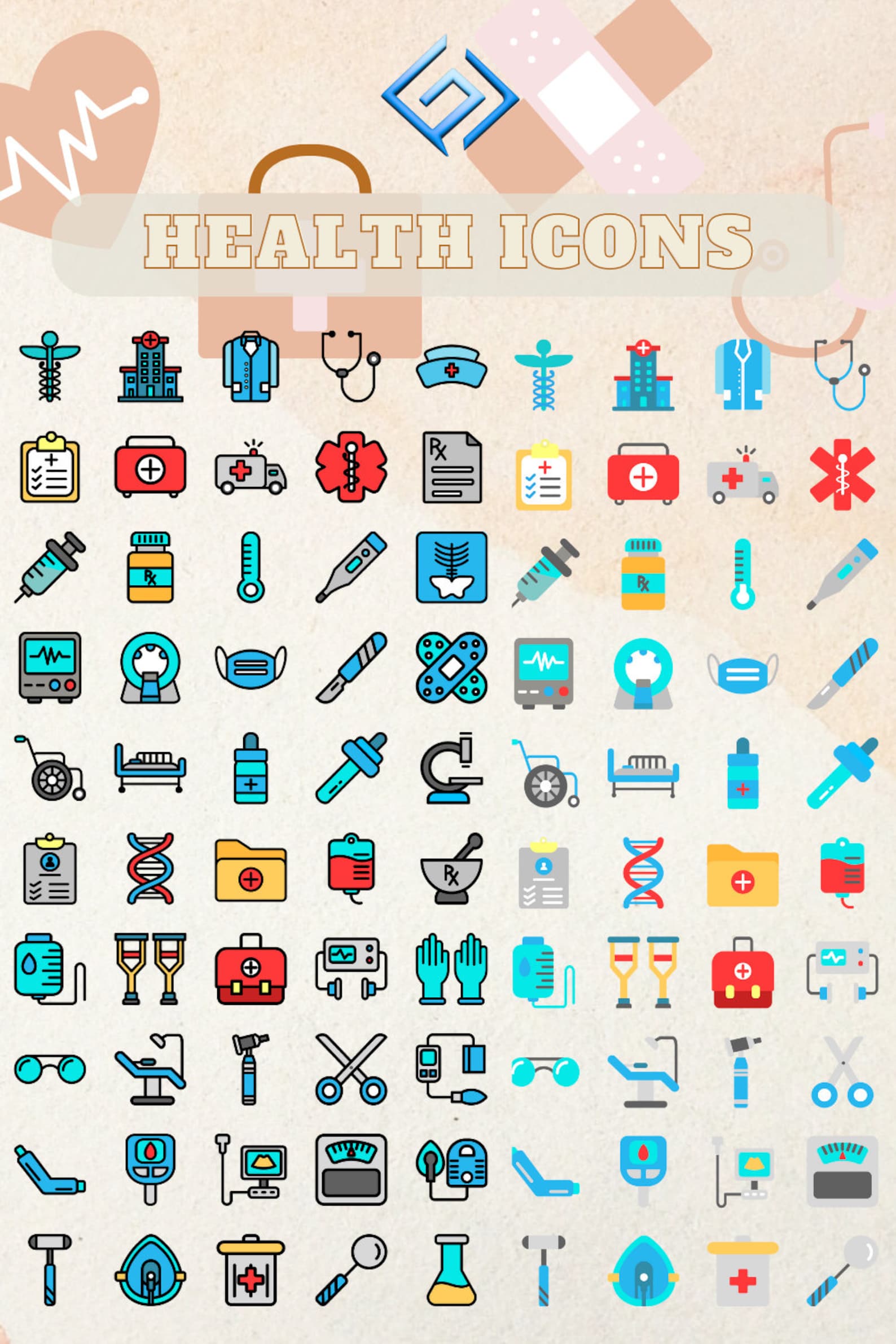300 Health Icons Bundle, Health Icon Set, Icons in Line , Flat and ...