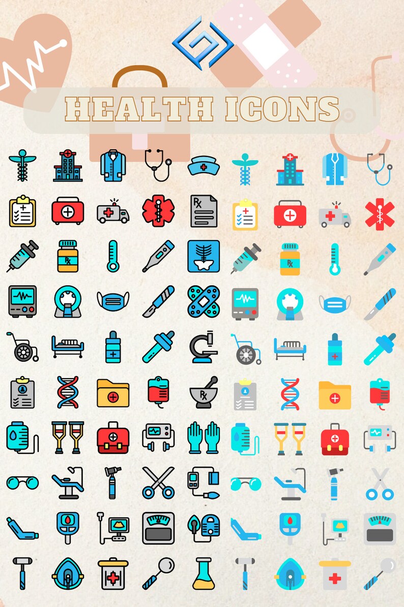 300 Health Icons Bundle, Health Icon Set, Icons in Line , Flat and ...