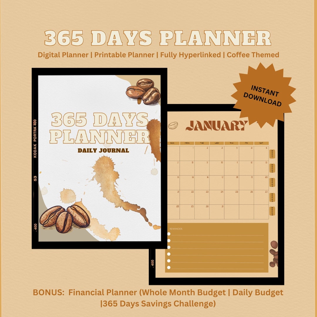 Digital Planner 365 Days, 2024 Printable Planner, Coffee Themed Planner ...