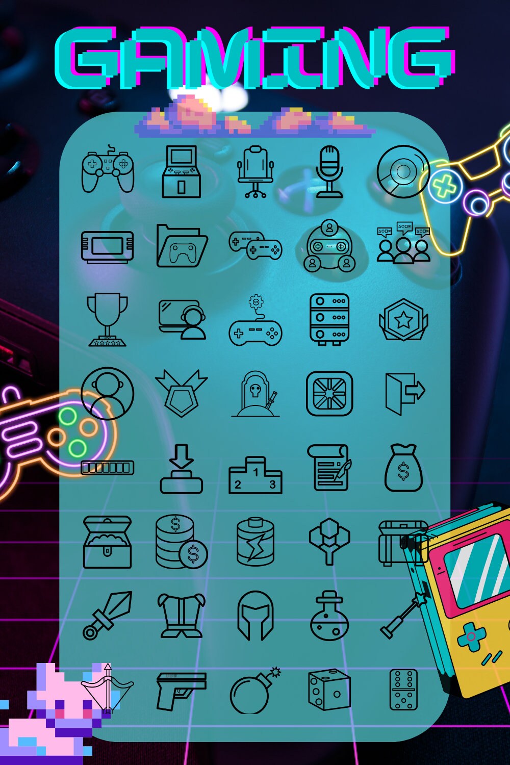 300 Gaming Icons Bundle, Icon Set, Game Icon Pack, Icons in Line , Flat ...