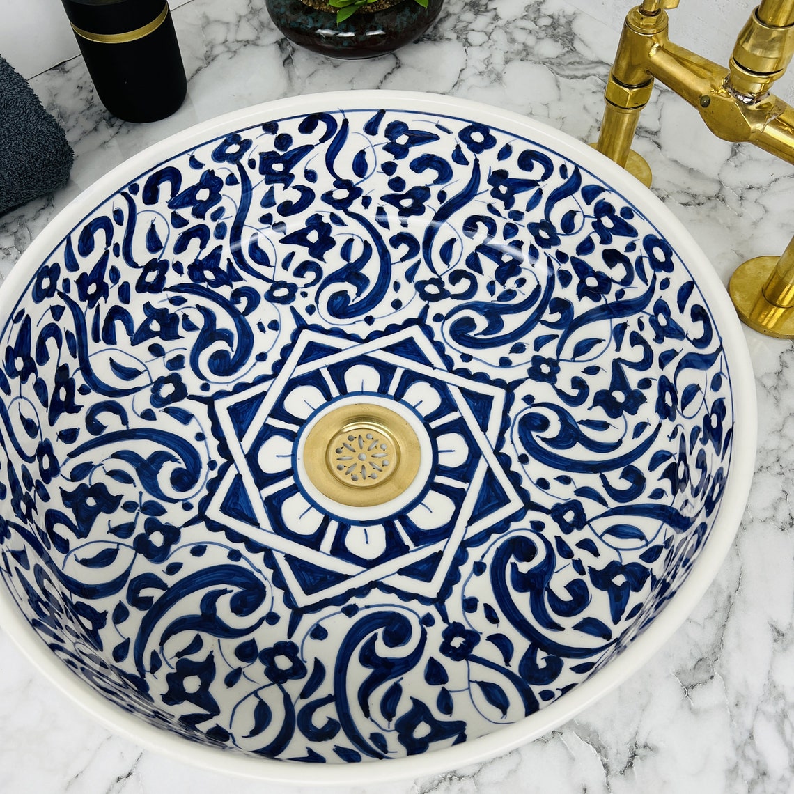 Round Bathroom Vessel Sink Vanity - Handmade Ceramic Wash Basin ...