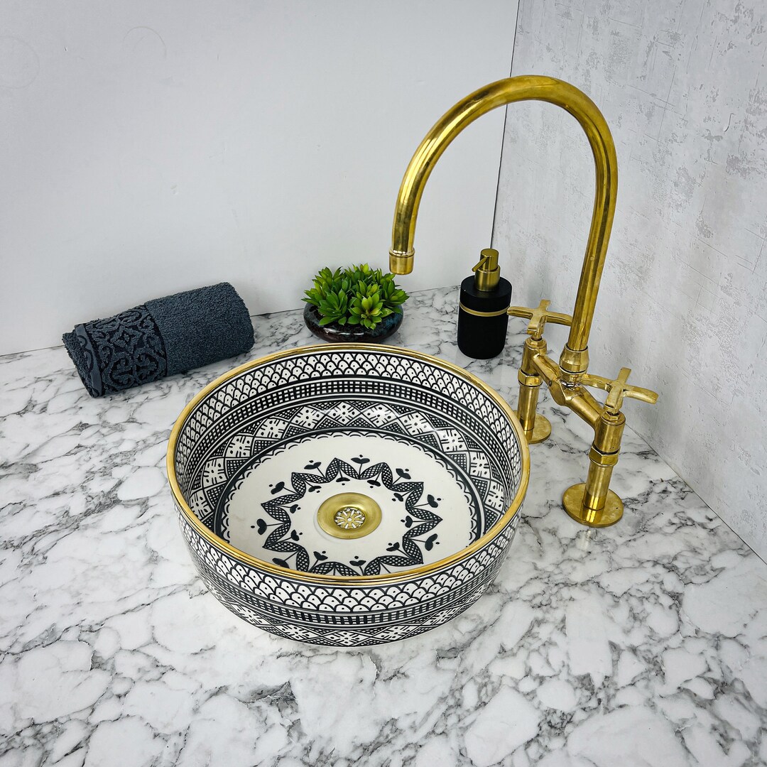 Custom Made Black Ceramic Sink With 14K Gold Rim - Round Bathroom ...