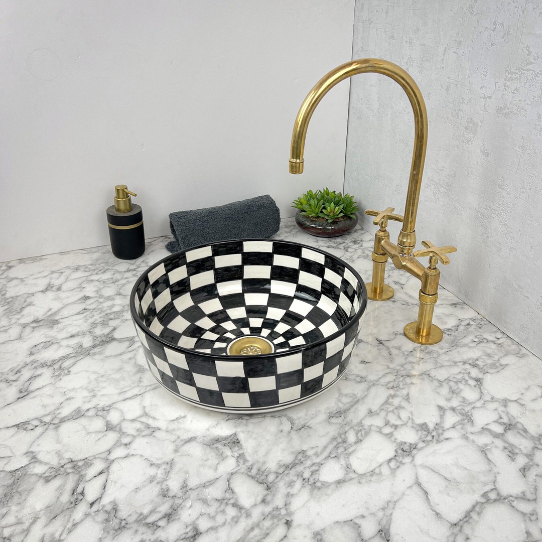 Black & White Ceramic Vessel Sink - Round Bathroom Basin - Checkered ...
