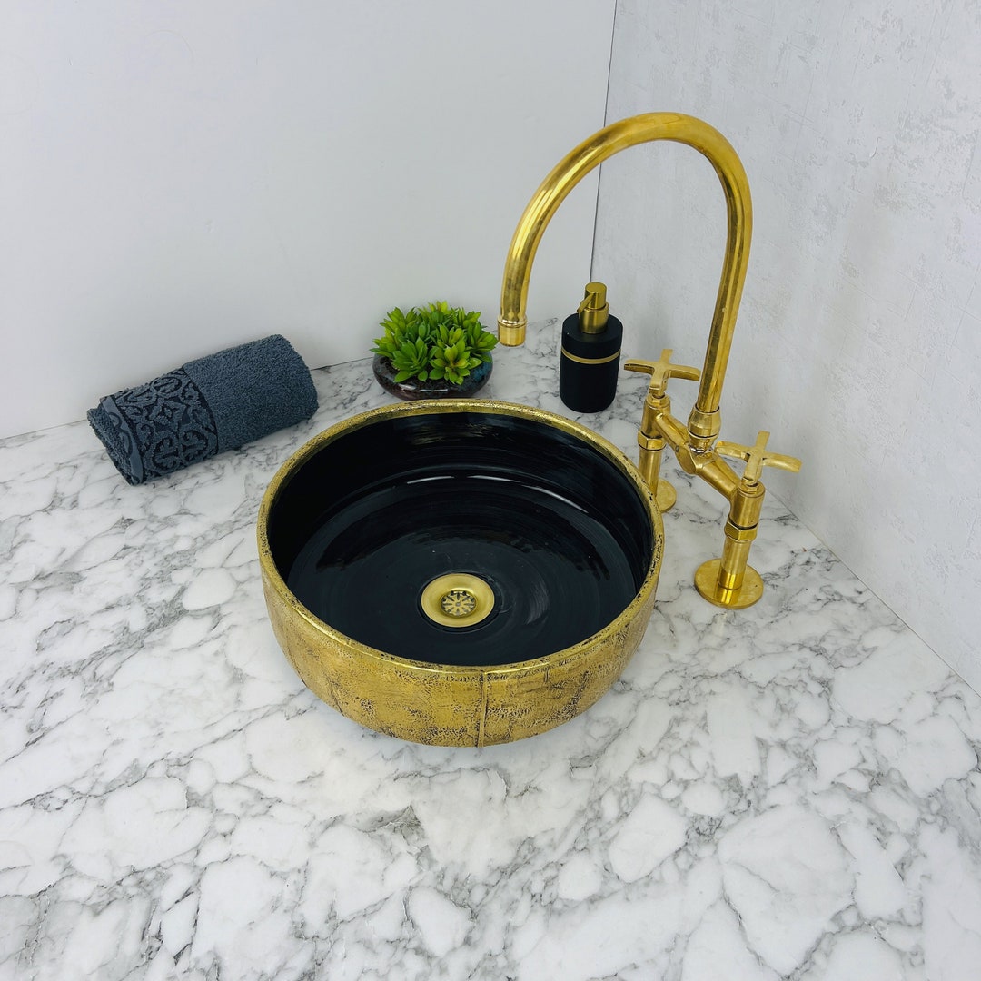 Round Ceramic Bathroom Sink Bowl Covered by Solid Brass - Handmade ...