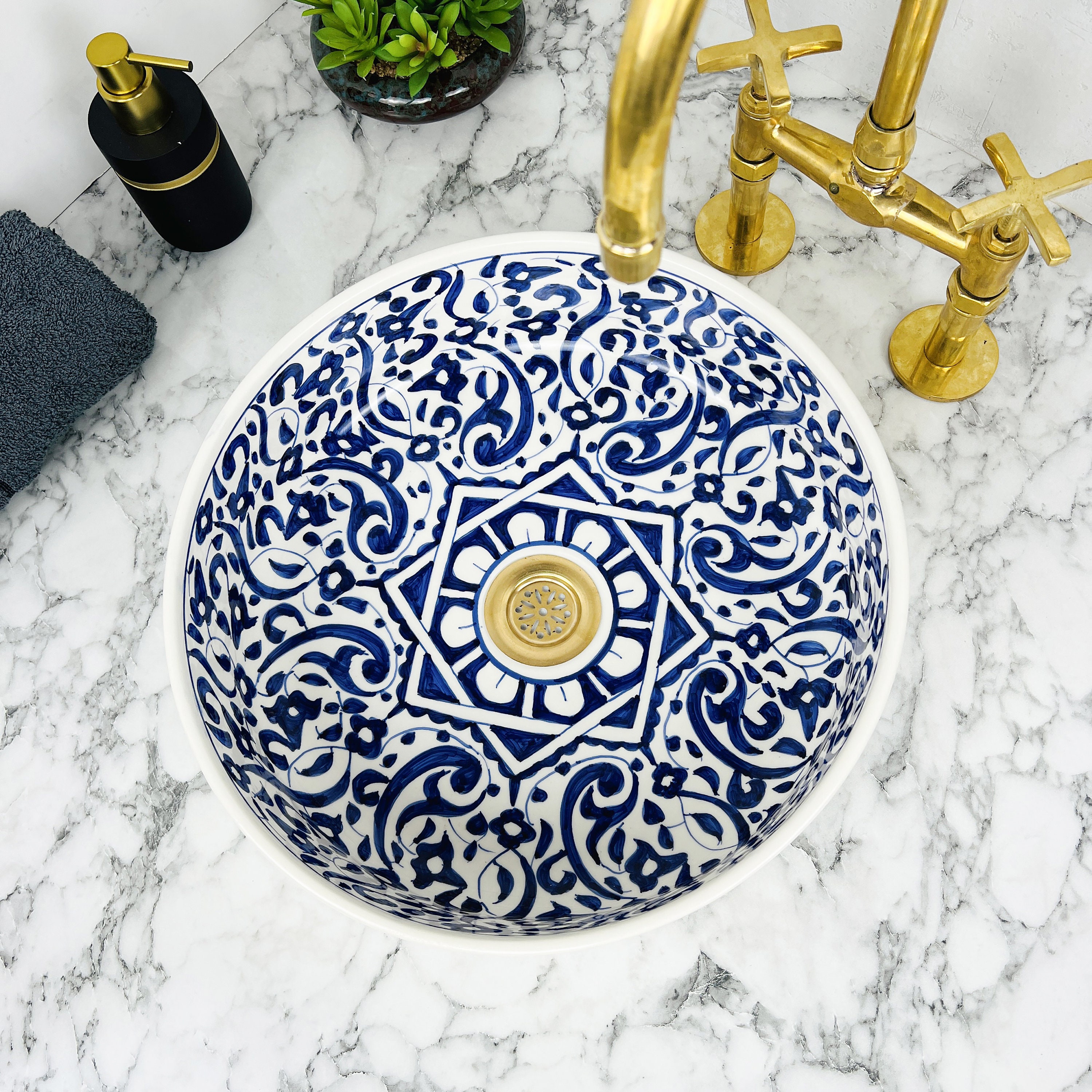 Round Bathroom Vessel Sink Vanity - Handmade Ceramic Wash Basin ...