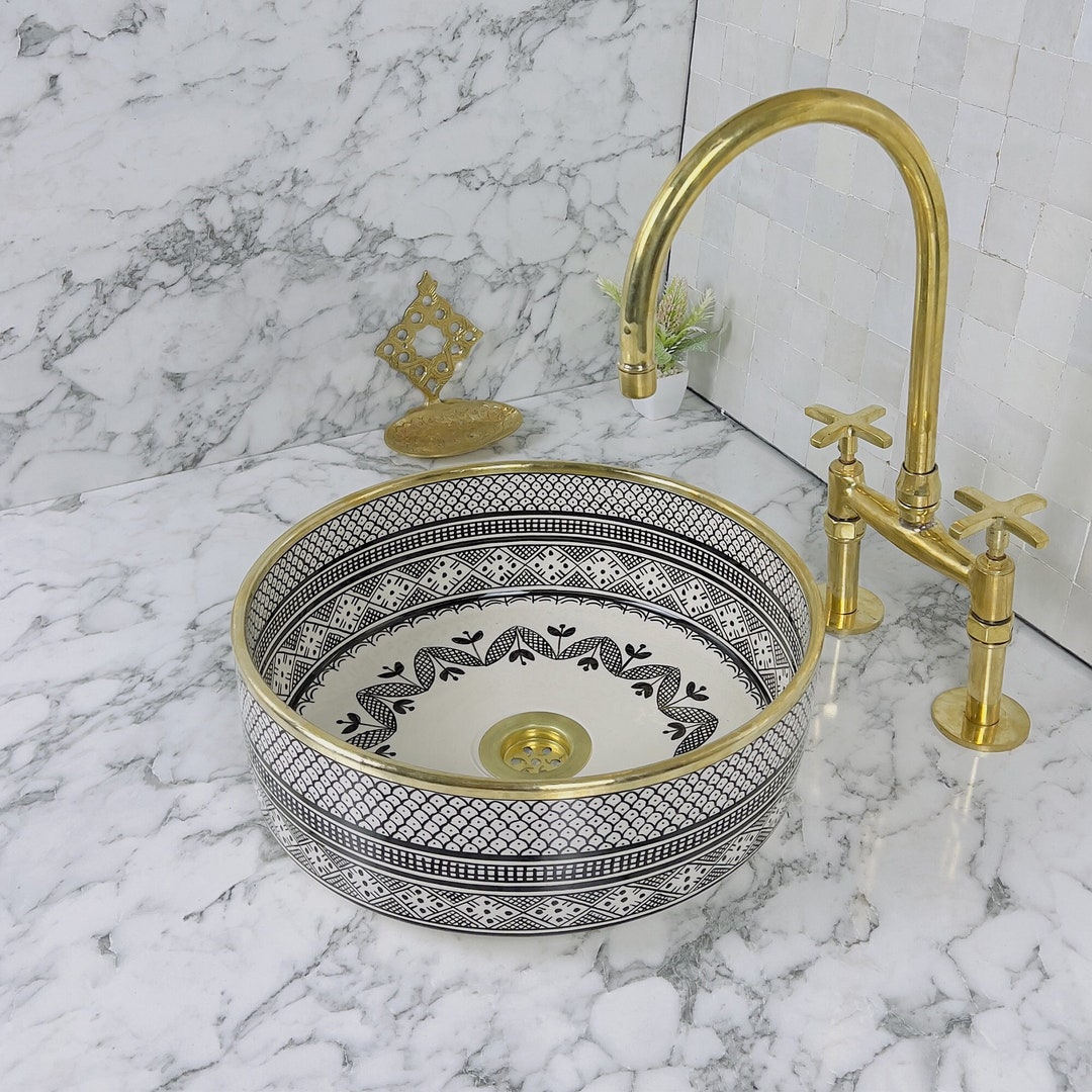 Custom Made Ceramic Bathroom Sink With Brass Rim - Bathroom Vanity ...