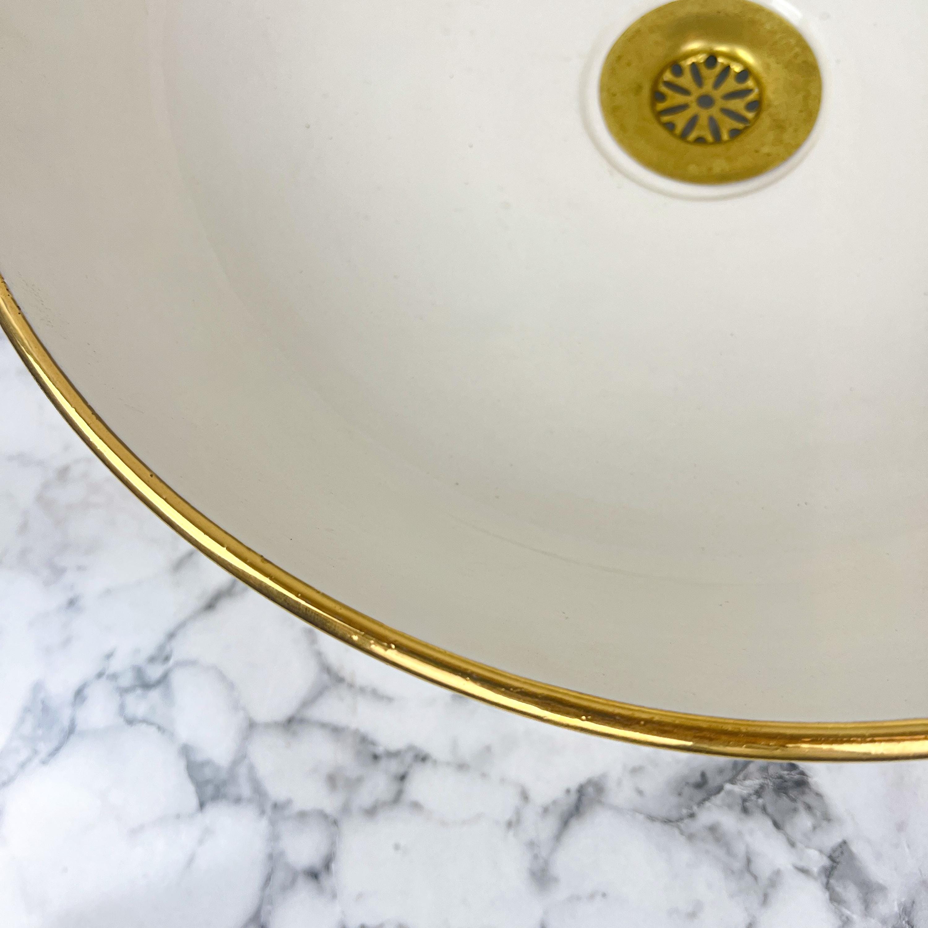 Round Ceramic Wash Basin With 14K Gold Rim Edge for Bathroom Vanity ...