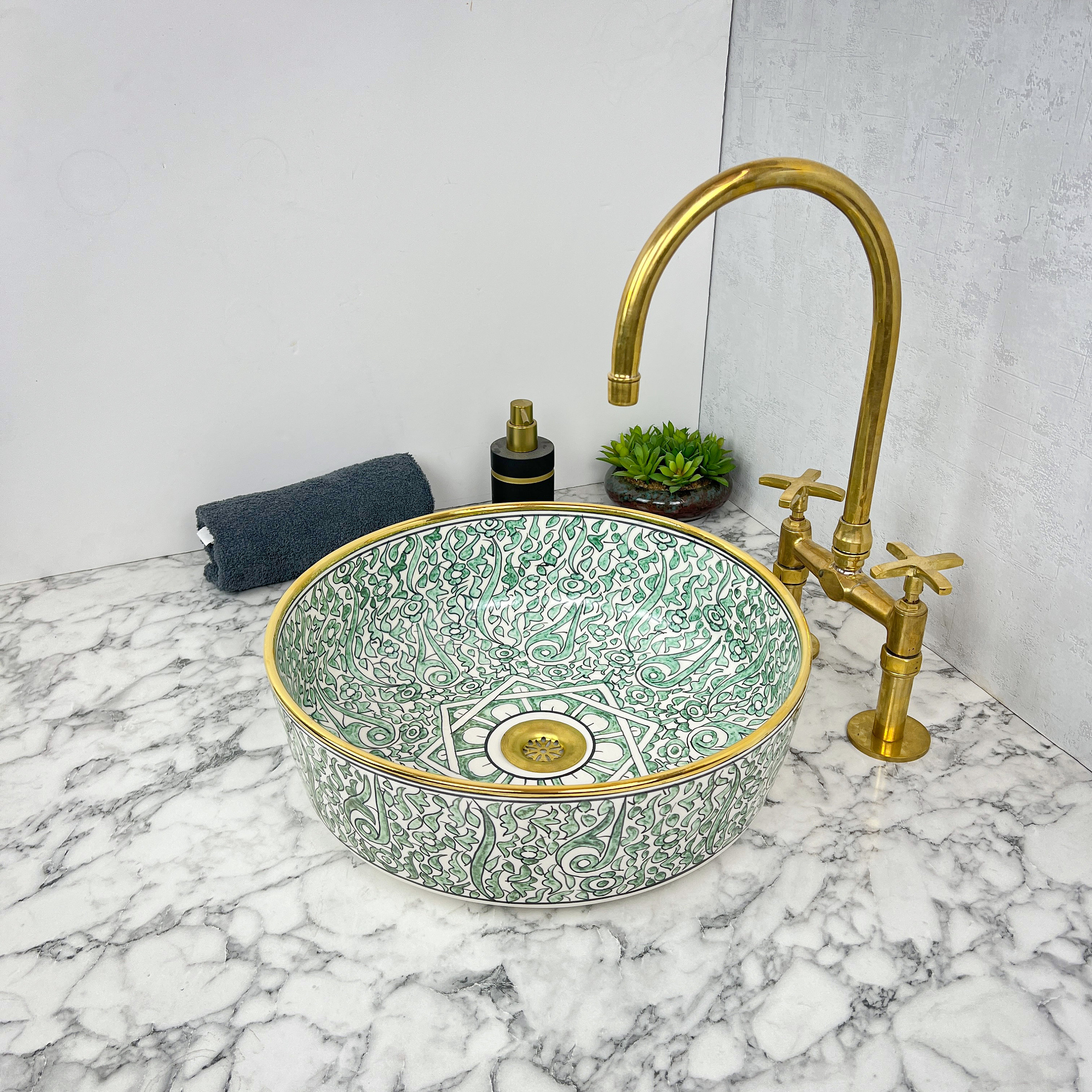 Round Bathroom Vessel Sink With 14K Gold Rim Countertop Wash Basin for ...