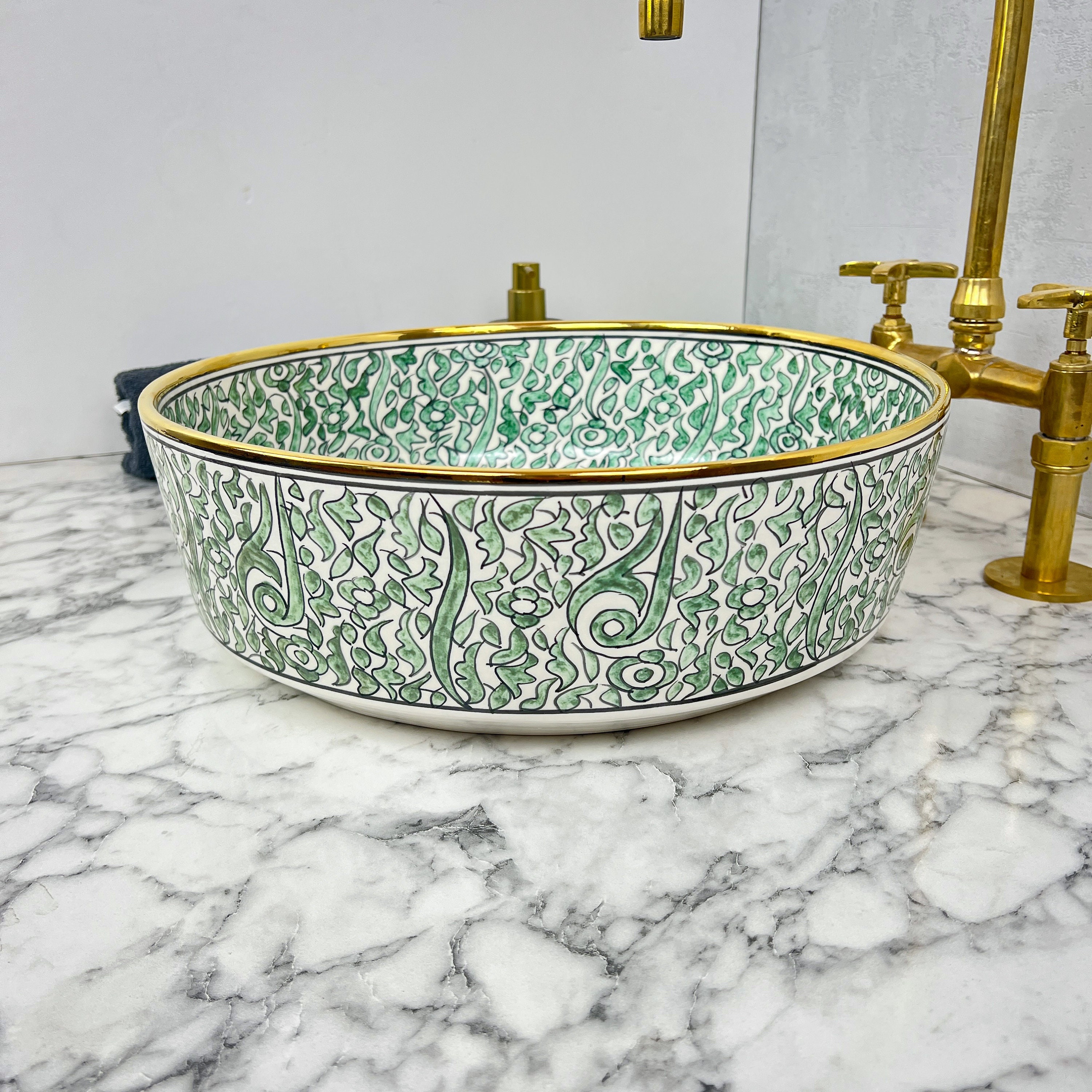 Round Bathroom Vessel Sink With 14K Gold Rim Countertop Wash Basin for ...