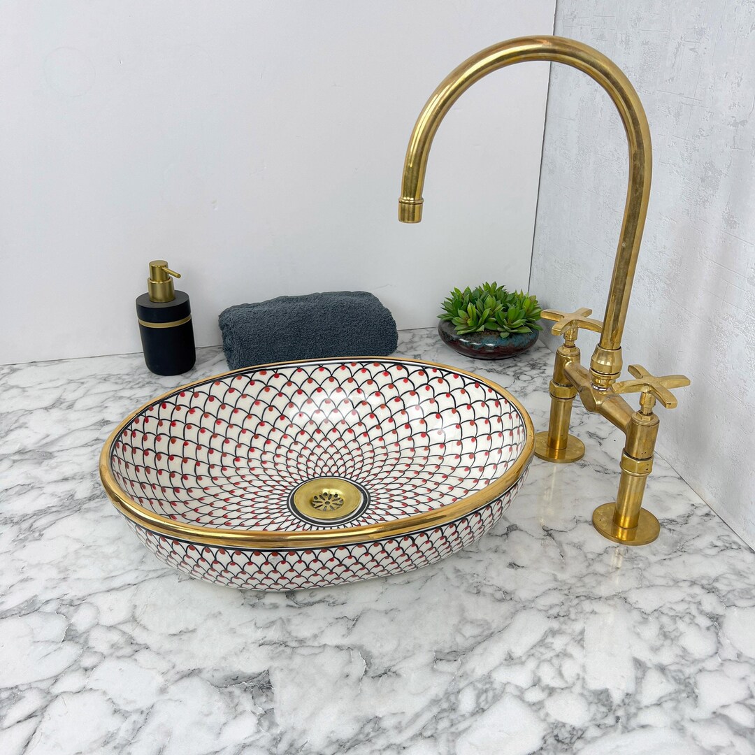 Custom Made Oval Bathroom Sink With 14k Gold Rim - Oval Ceramic Sink ...