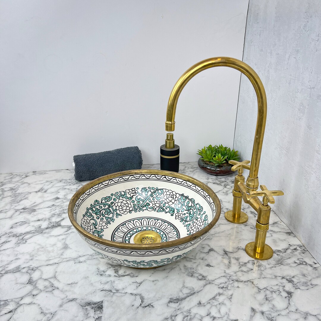 Custom Made Ceramic Wash Basin With Brass Rim Edge for Bathroom Cabinet ...