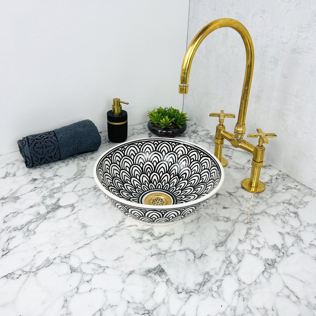 Moroccan Pottery Wash Basin for Bathroom Cabinet - Fish Scales Ceramic ...