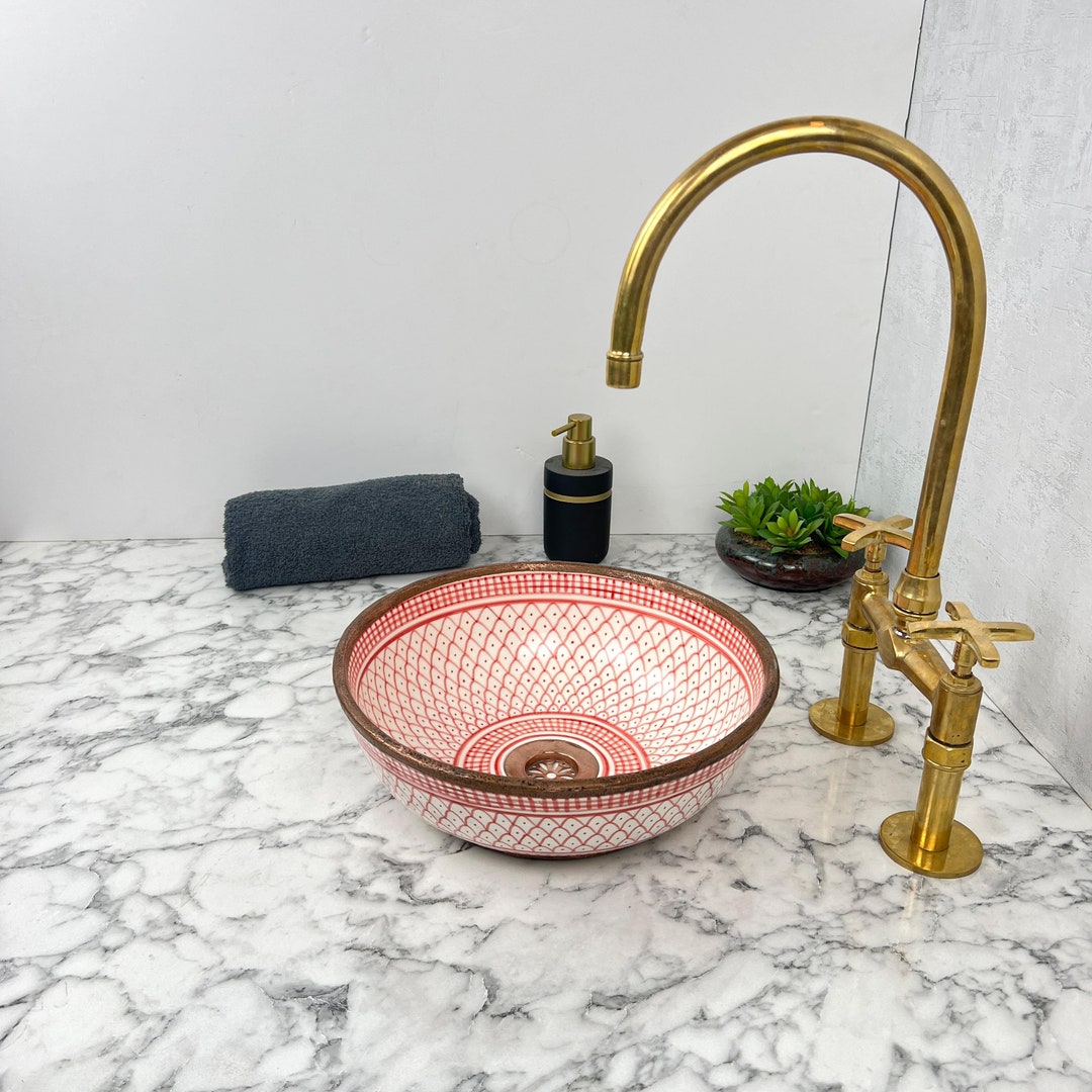 Hand Painted Ceramic Wash Basin With Brass Rim for Vanity - Round ...