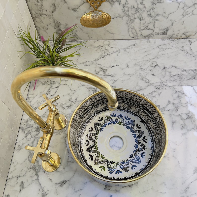 Custom Made Ceramic Sink With Brass Rim, Round Countertop Vessel Sink ...