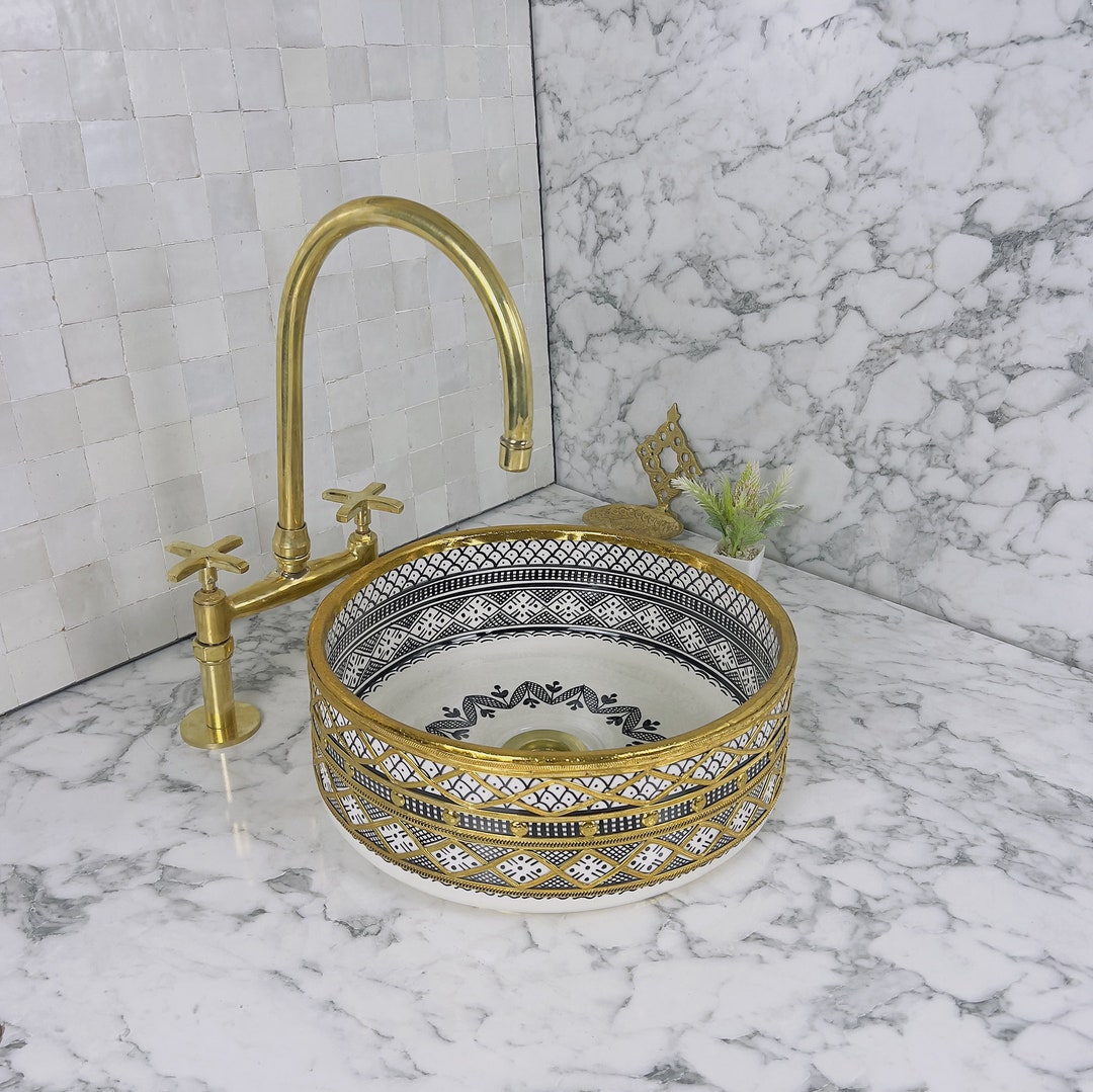 Handmade Ceramic Sink Adorned With Brass - Modern Bathroom Vessel Sink ...