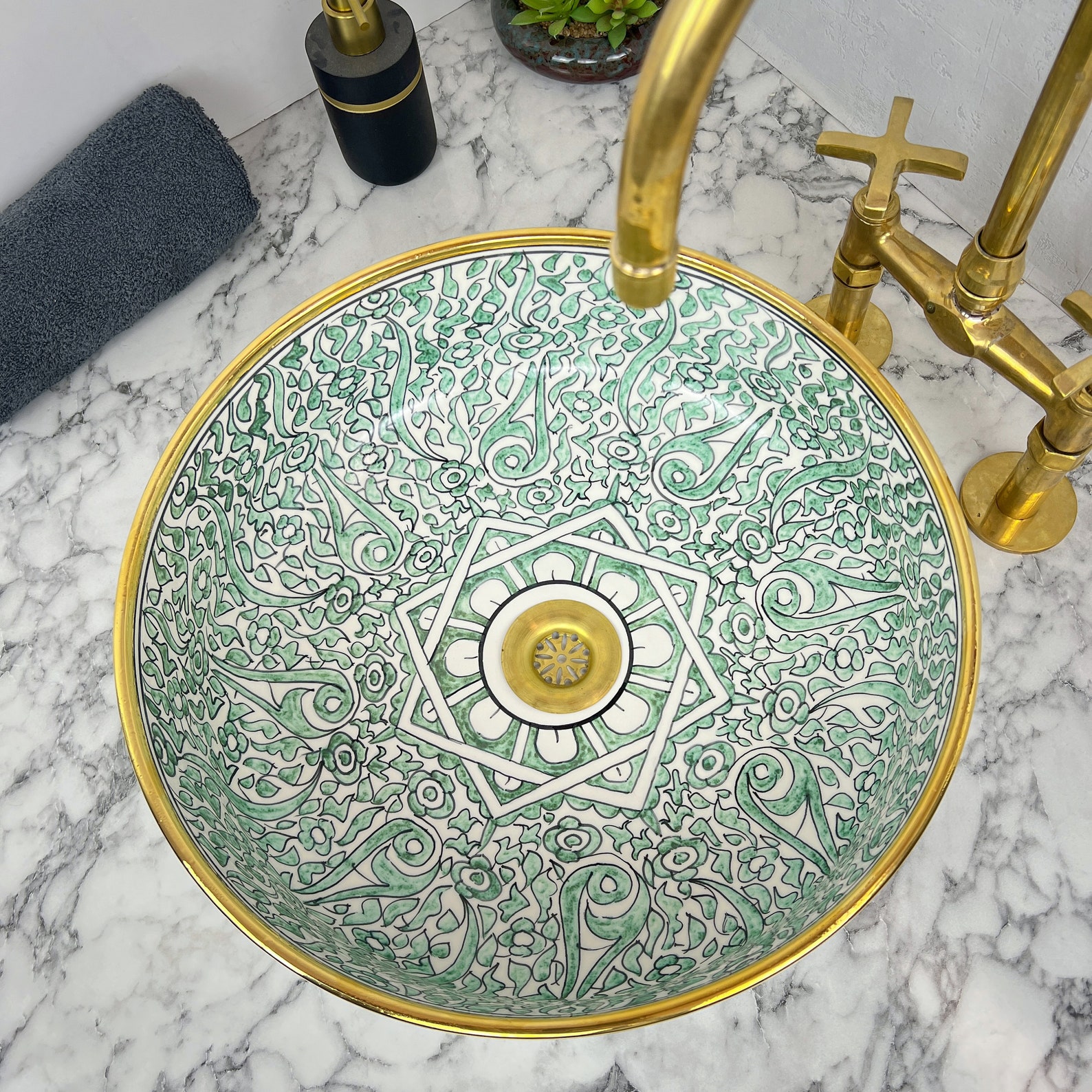 Round Bathroom Vessel Sink With 14K Gold Rim Countertop Wash Basin for ...