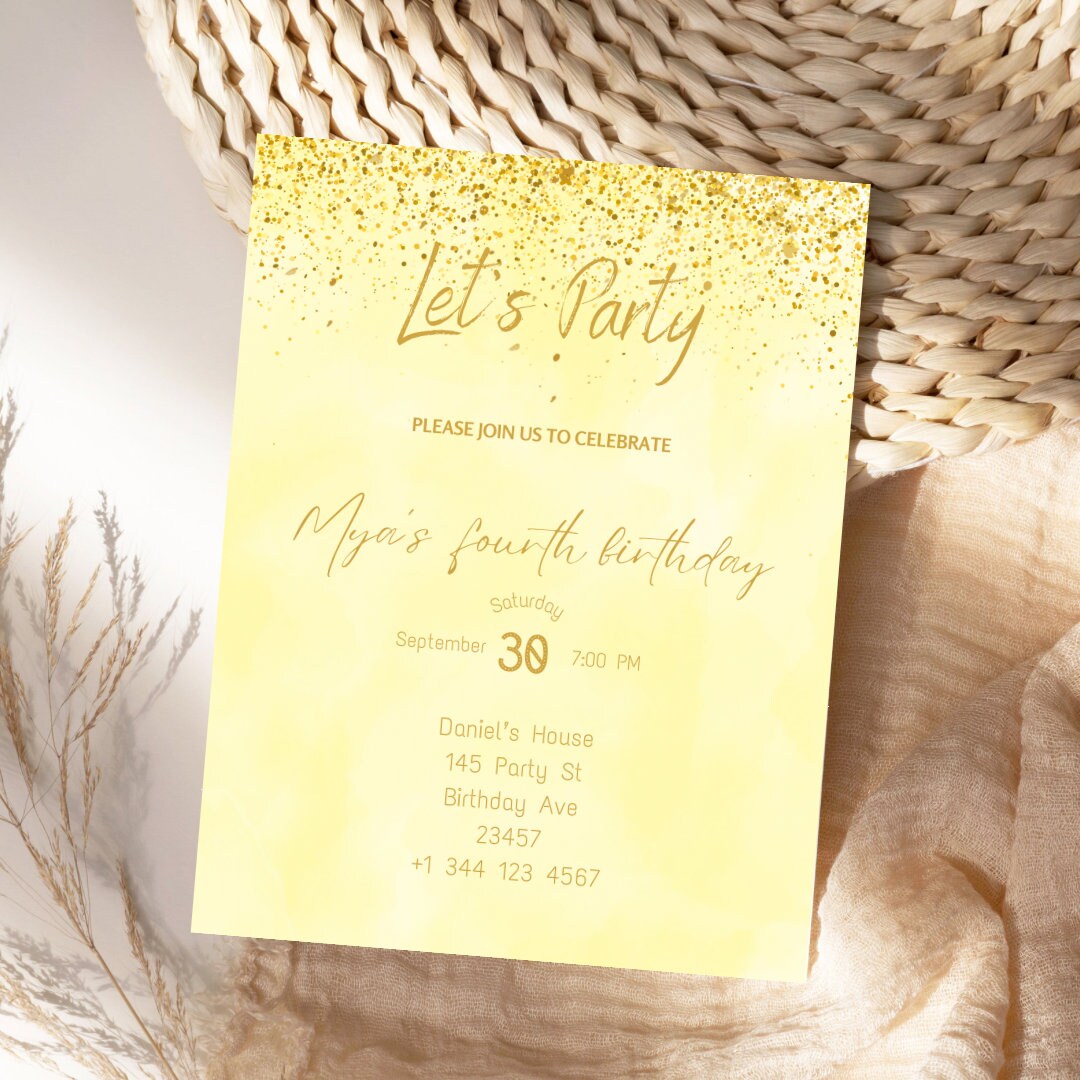 Editable Invitation, Yellow Watercolor Birthday Invitation, 1st ...