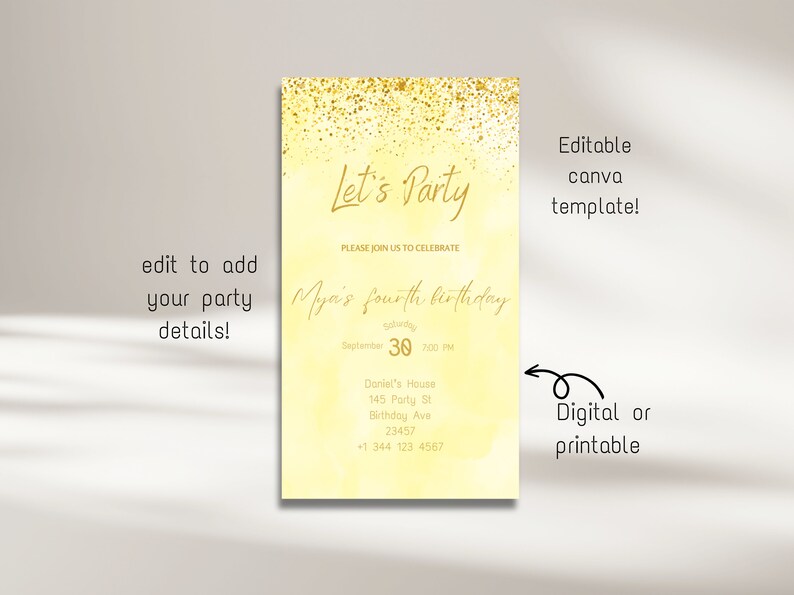 Editable Invitation, Yellow Watercolor Birthday Invitation, 1st ...