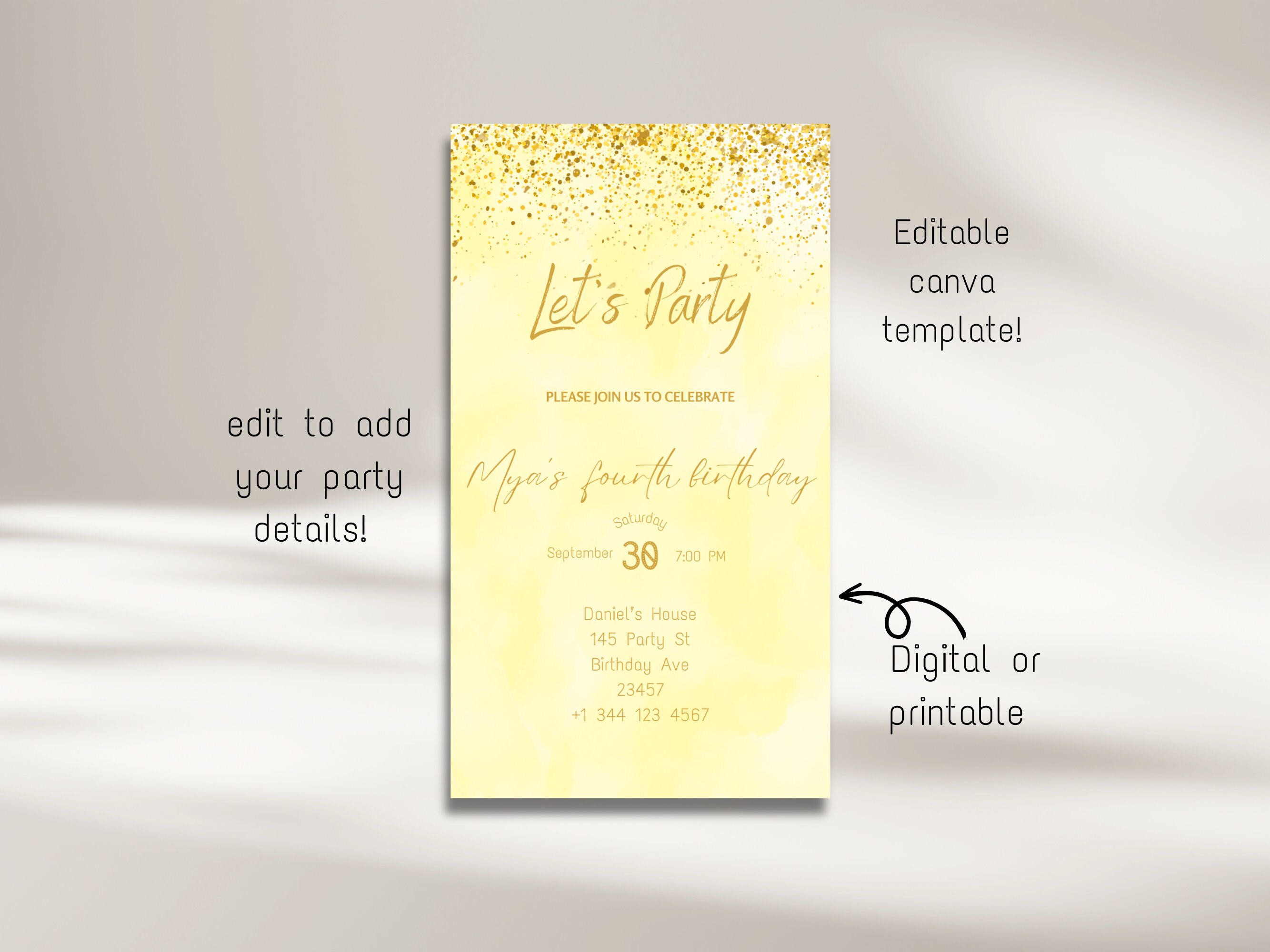 Editable Invitation, Yellow Watercolor Birthday Invitation, 1st ...