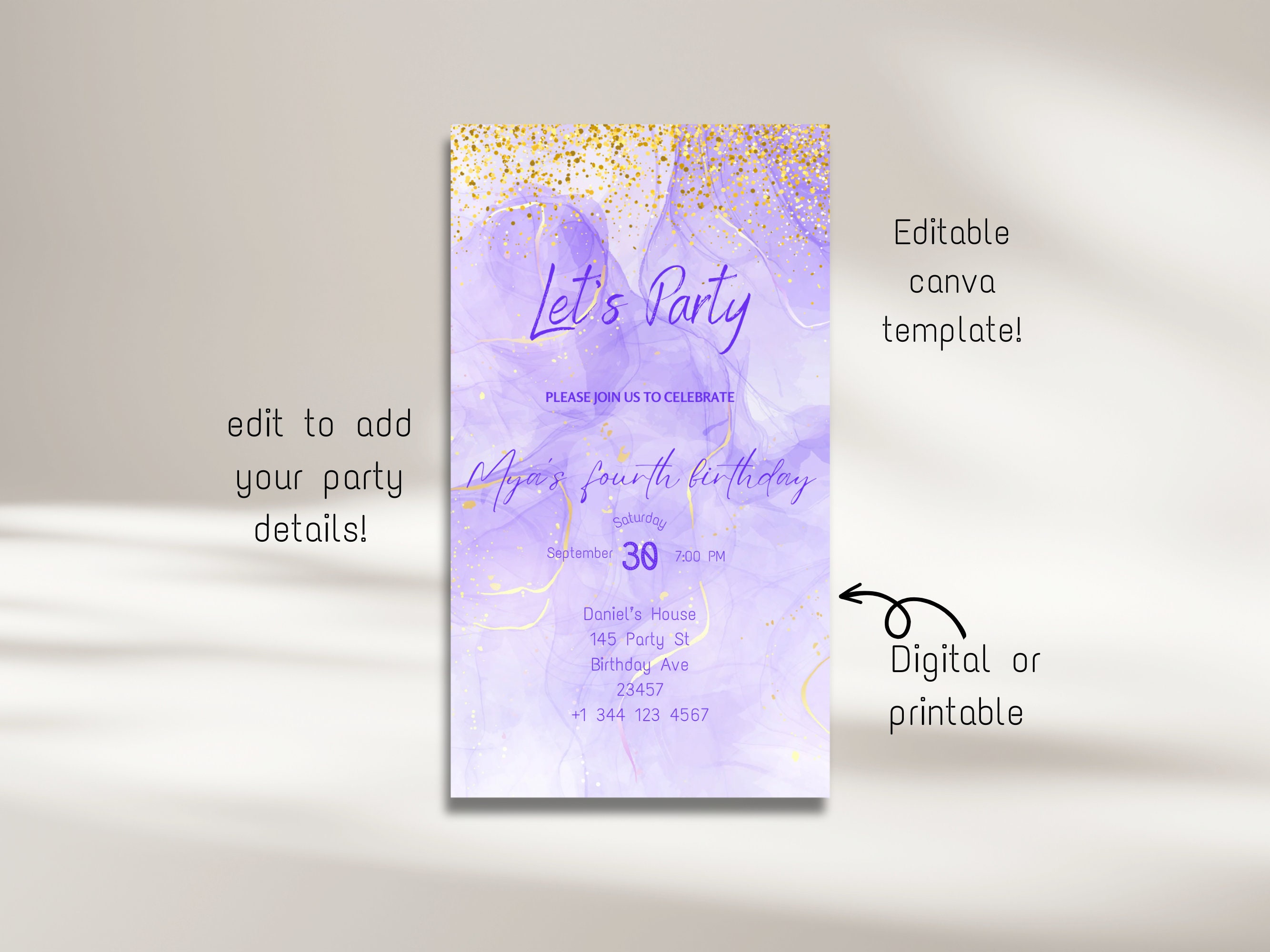 Editable Watercolor, Purple, Glimmer Glitter Instant Download Birthday ...