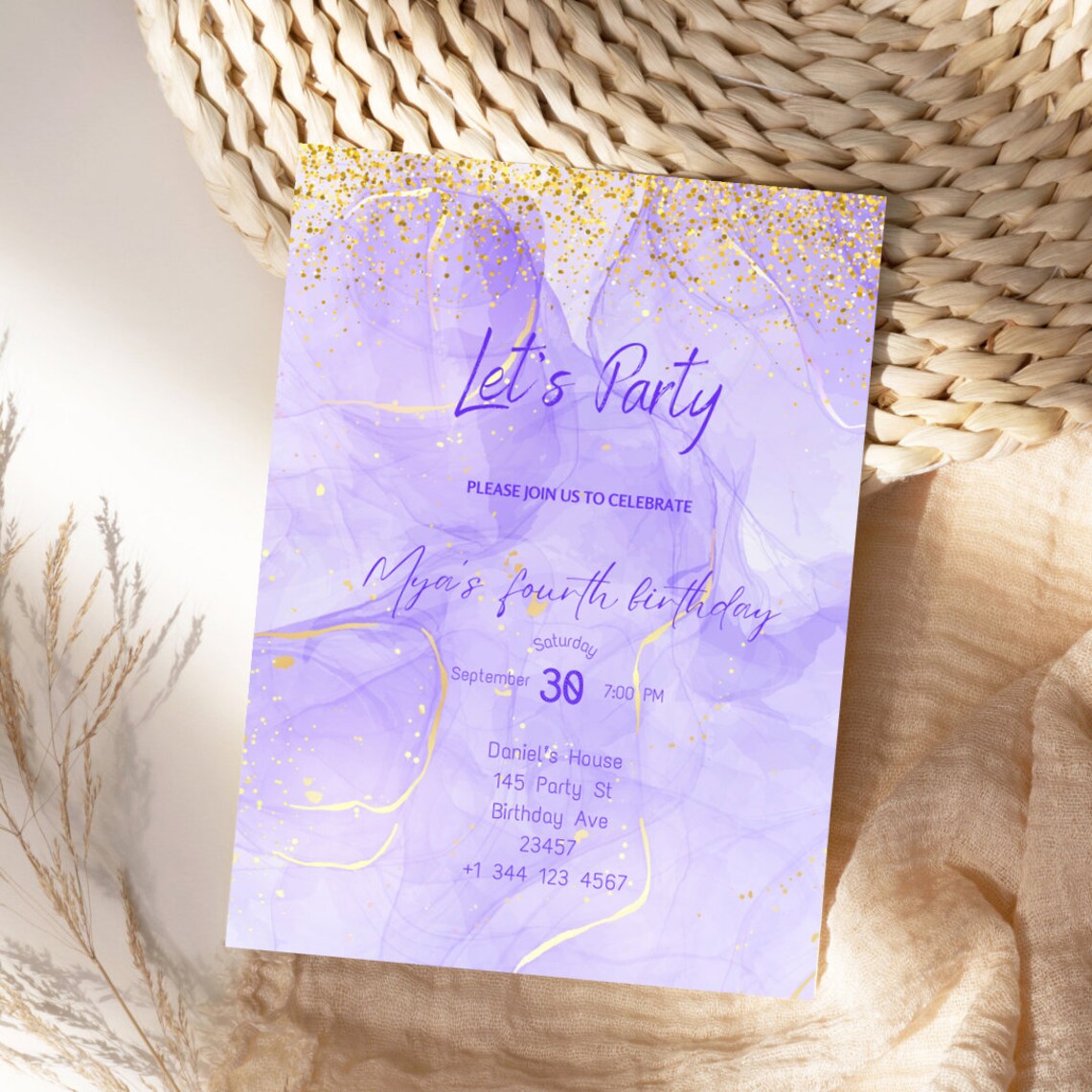 Editable Watercolor, Purple, Glimmer Glitter Instant Download Birthday ...