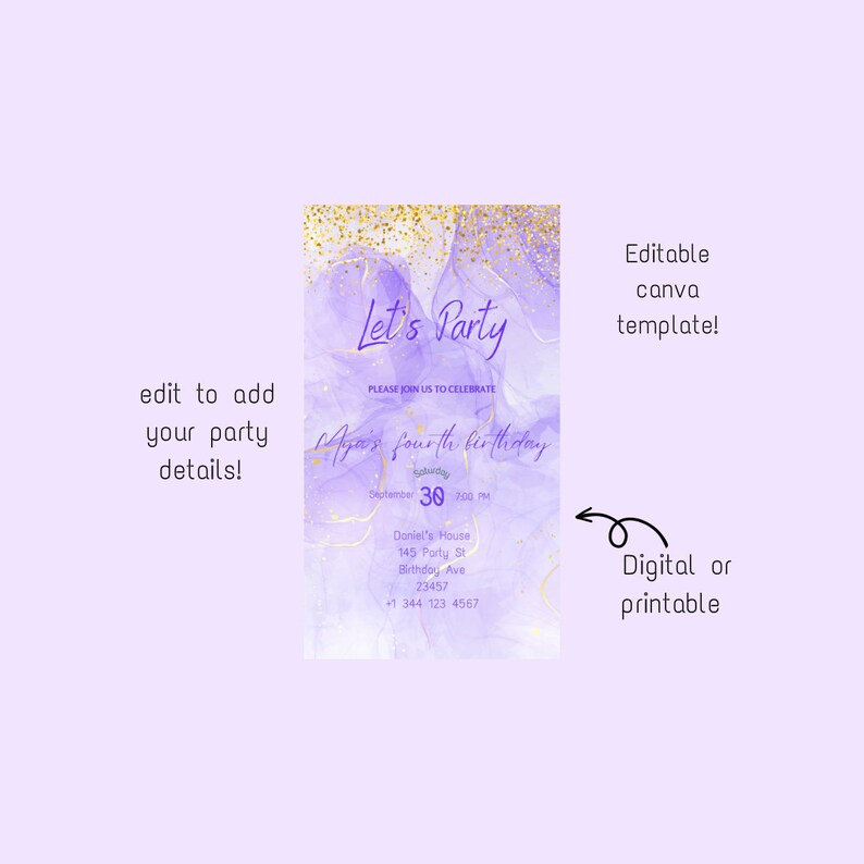 Editable Watercolor, Purple, Glimmer Glitter Instant Download Birthday ...