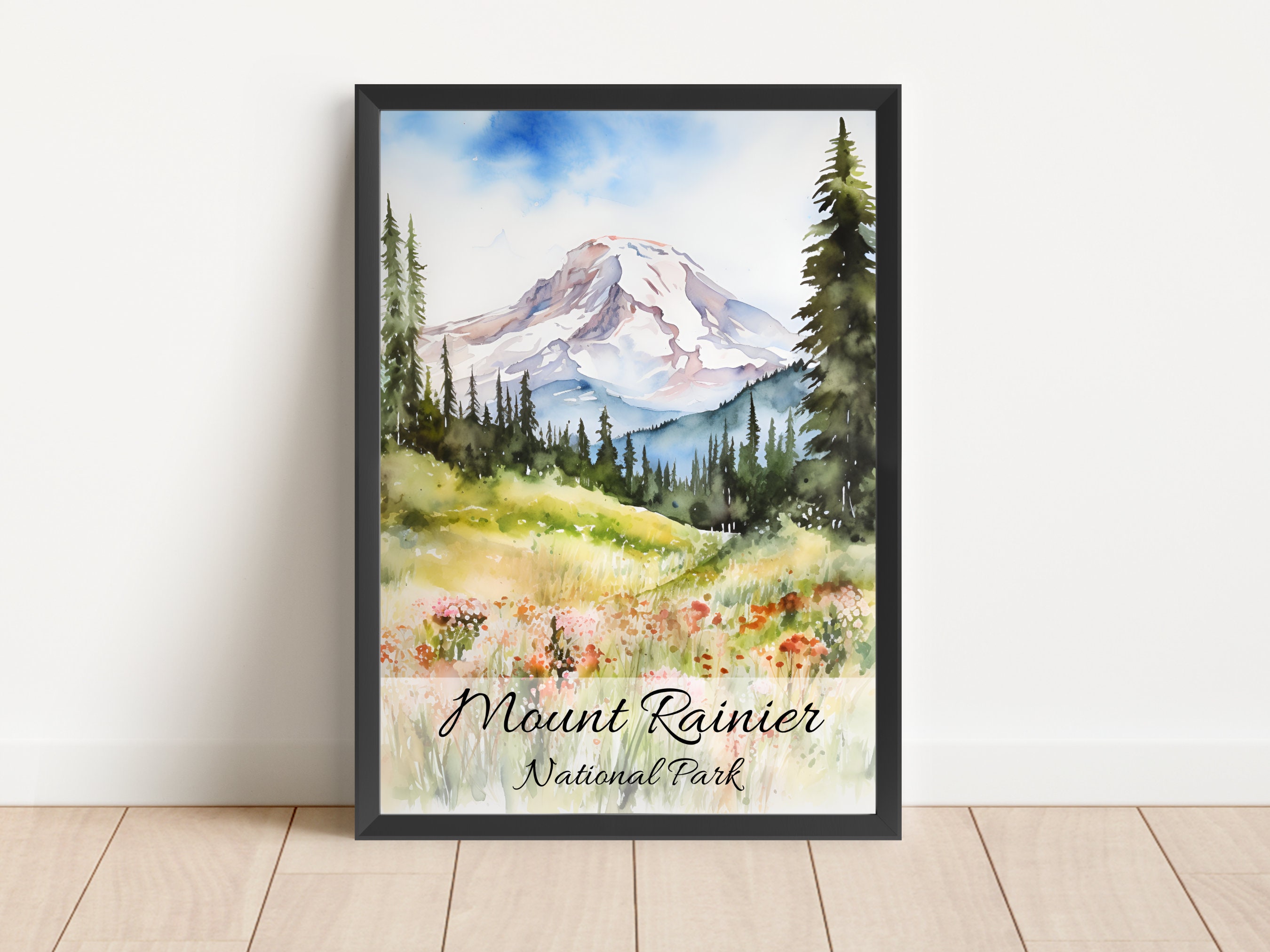 Mount Rainier Watercolor Painting National Park Poster Travel ...